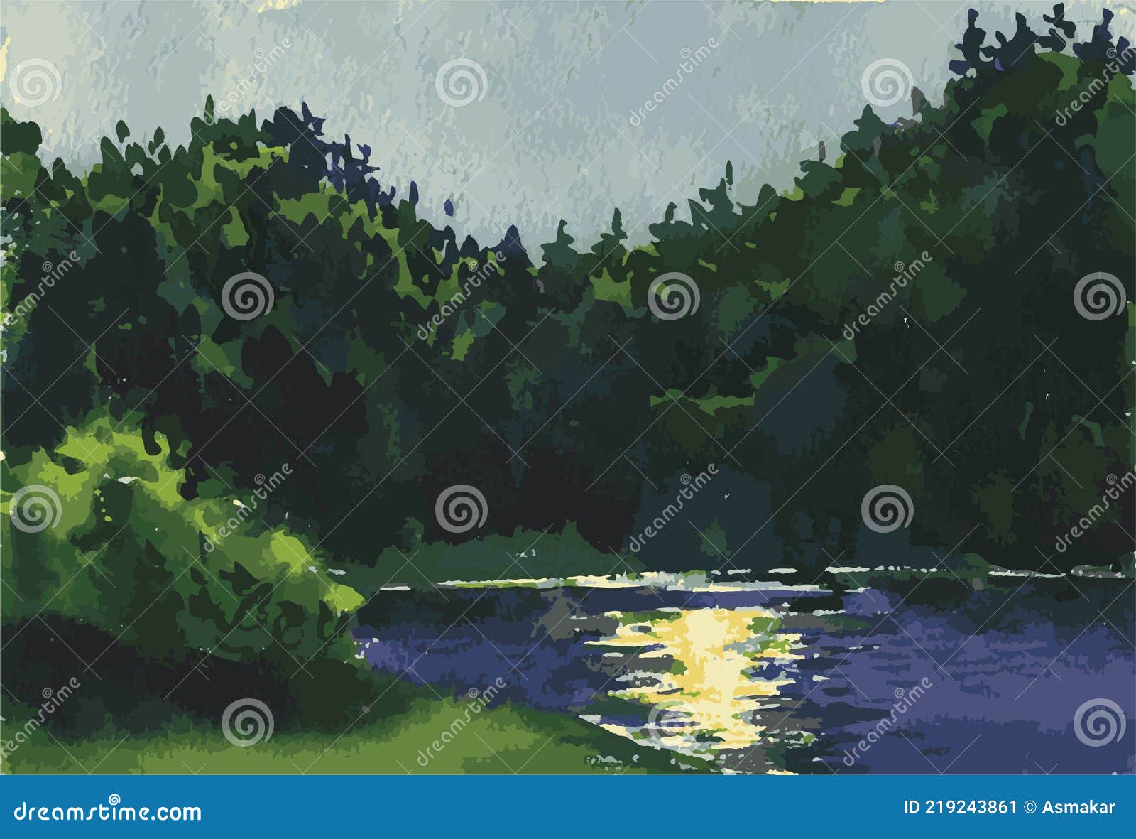 Vector Watercolor Landscape of Riverside on Moonlit Summer Night Stock ...