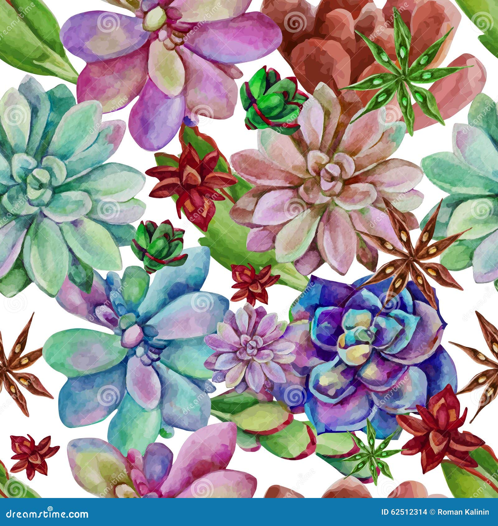 Vector Watercolor Seamless Pattern of Succulents. Stock Vector ...