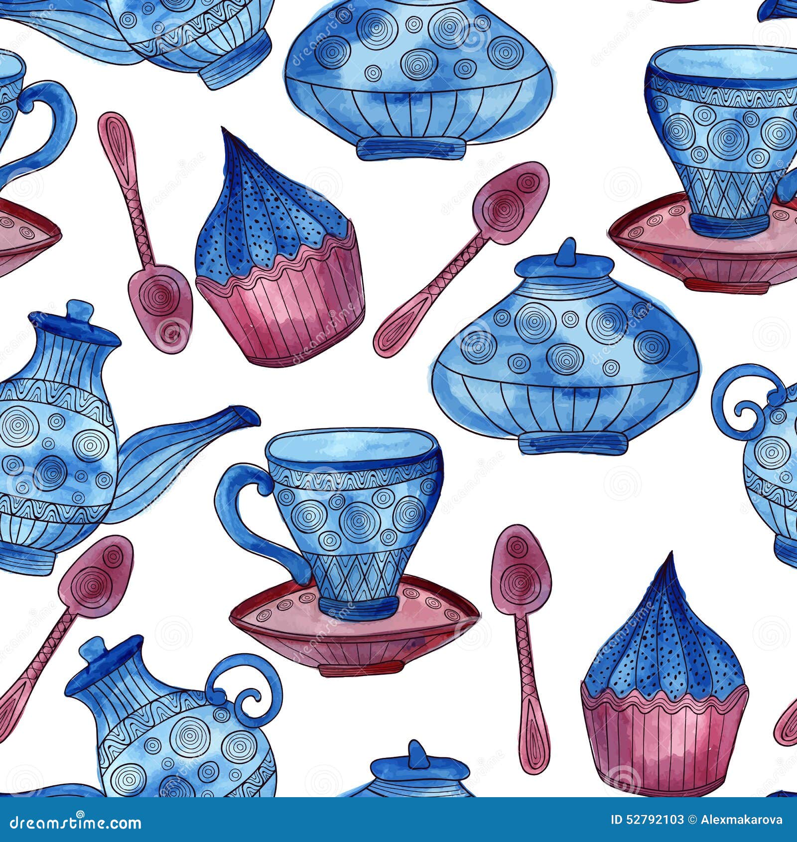 Vector Watercolor Seamless Tea Time Pattern Stock Vector - Illustration ...