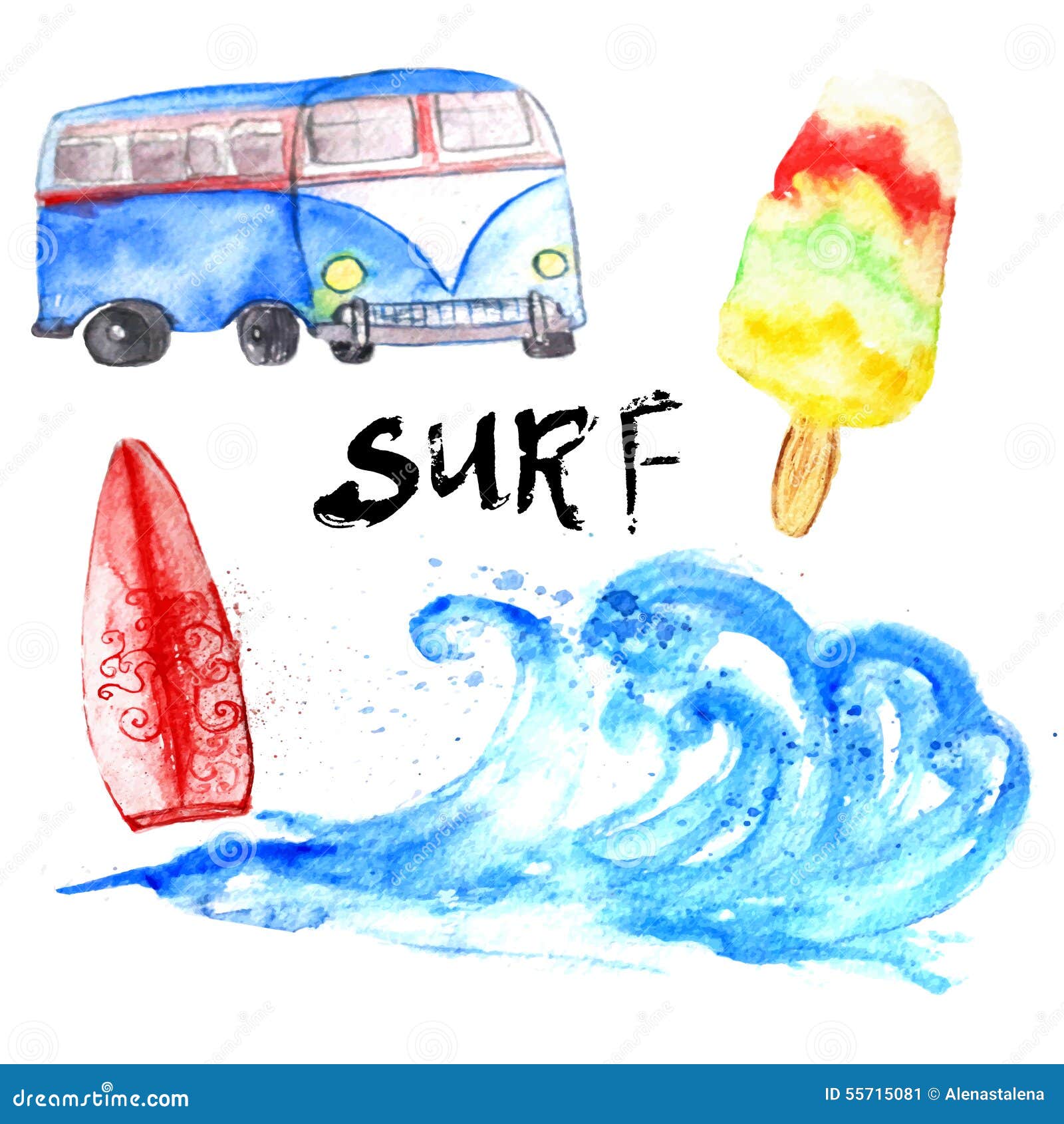 Summer Surf Hand Draw Set With Surfboard, Wave, Palm Tree And Shark ...