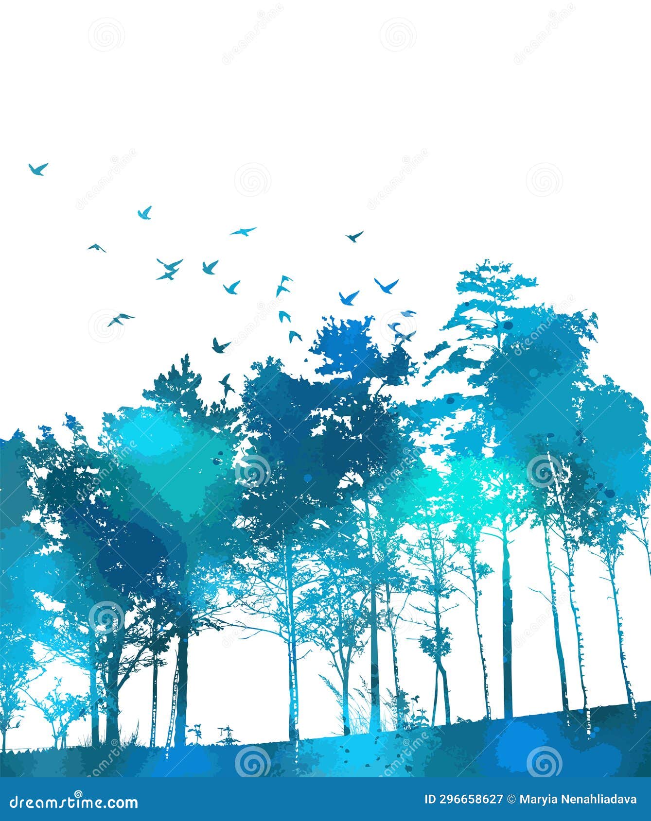 Blue Forest Landscape with Birds. Watercolor Trees. Hand Drawing. Not ...