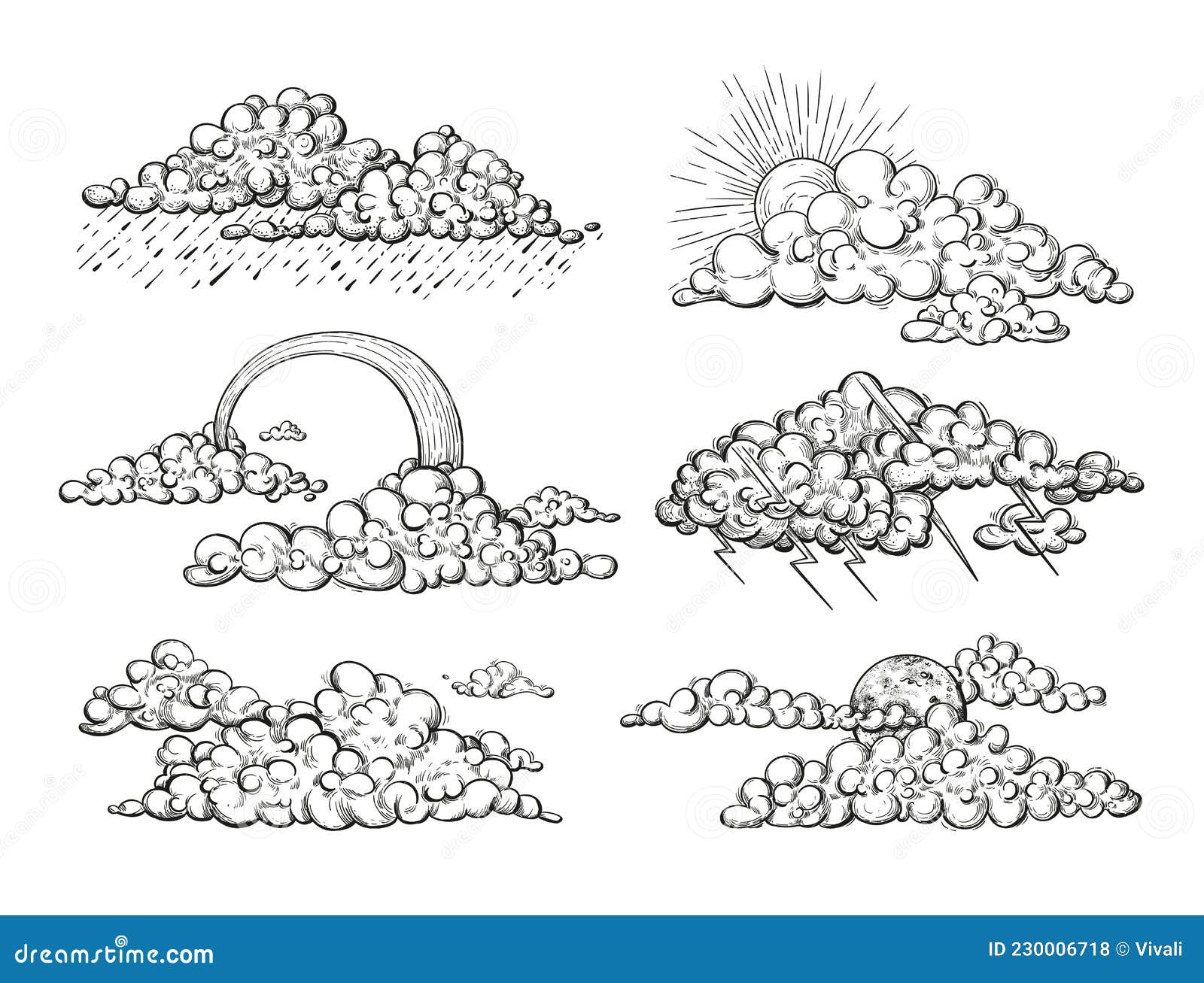Vector Weather Elements in Sketch Style. Illustrations in Engraved ...