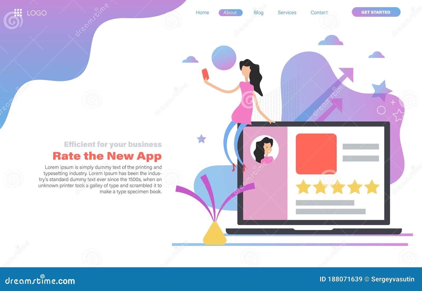 Vector Web Header Template of Woman Give a Five Star Rating from Mobile ...