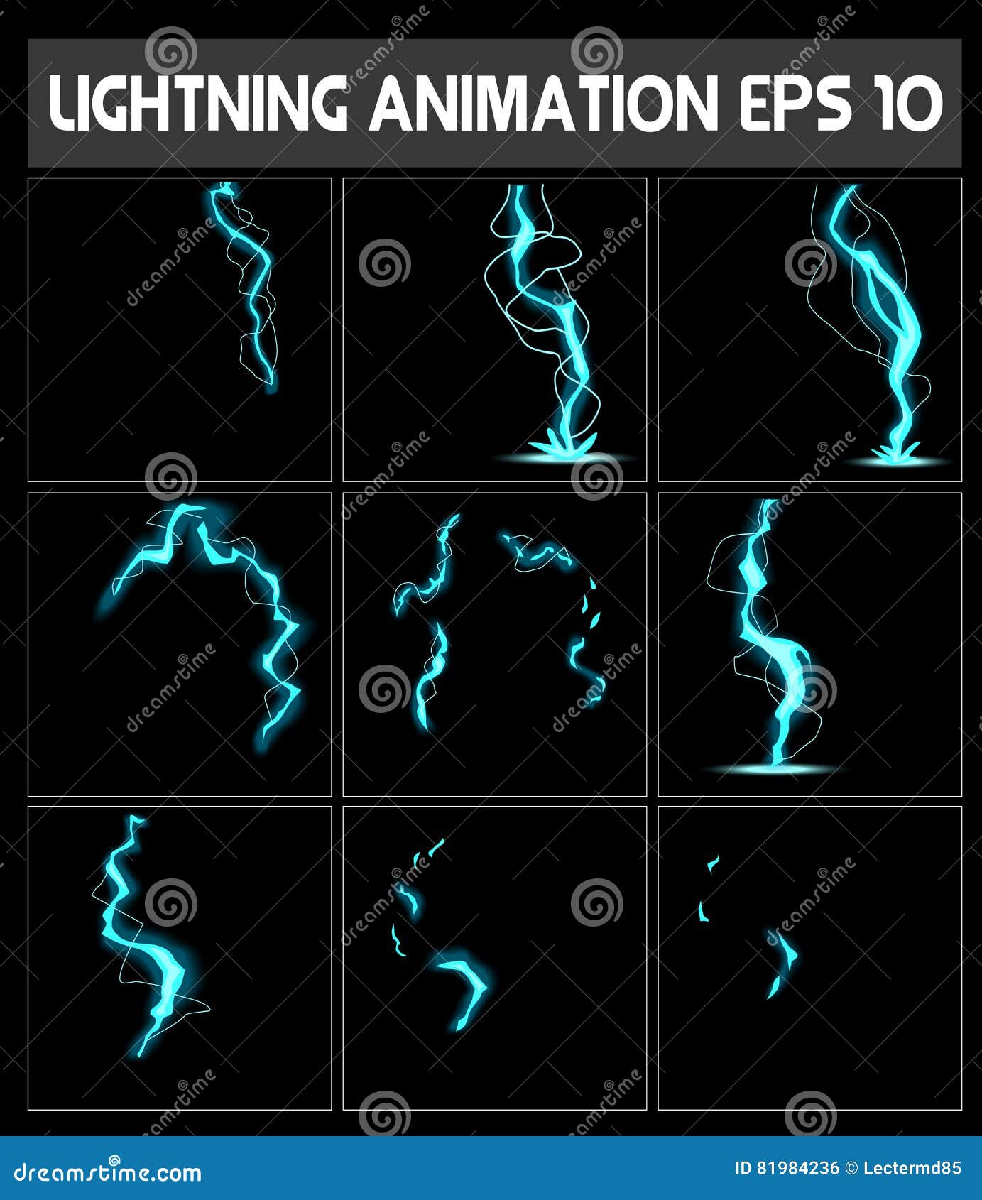 Lightning Animation. Cartoon Thunderbolt Strike Sprite Frames For 2D ...