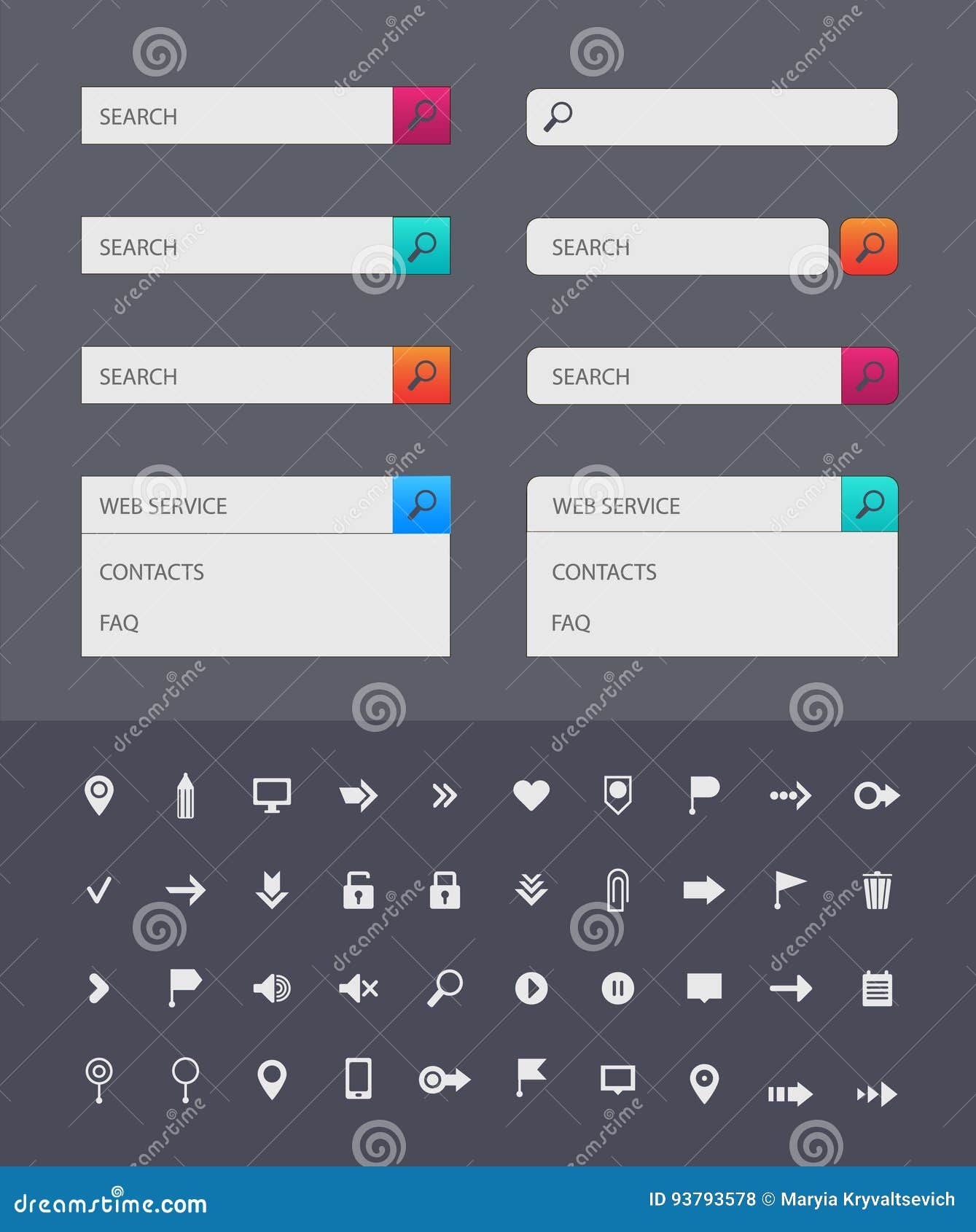 Vector Web Search Bar Design Templates on Dark Background. Set of Icons ...