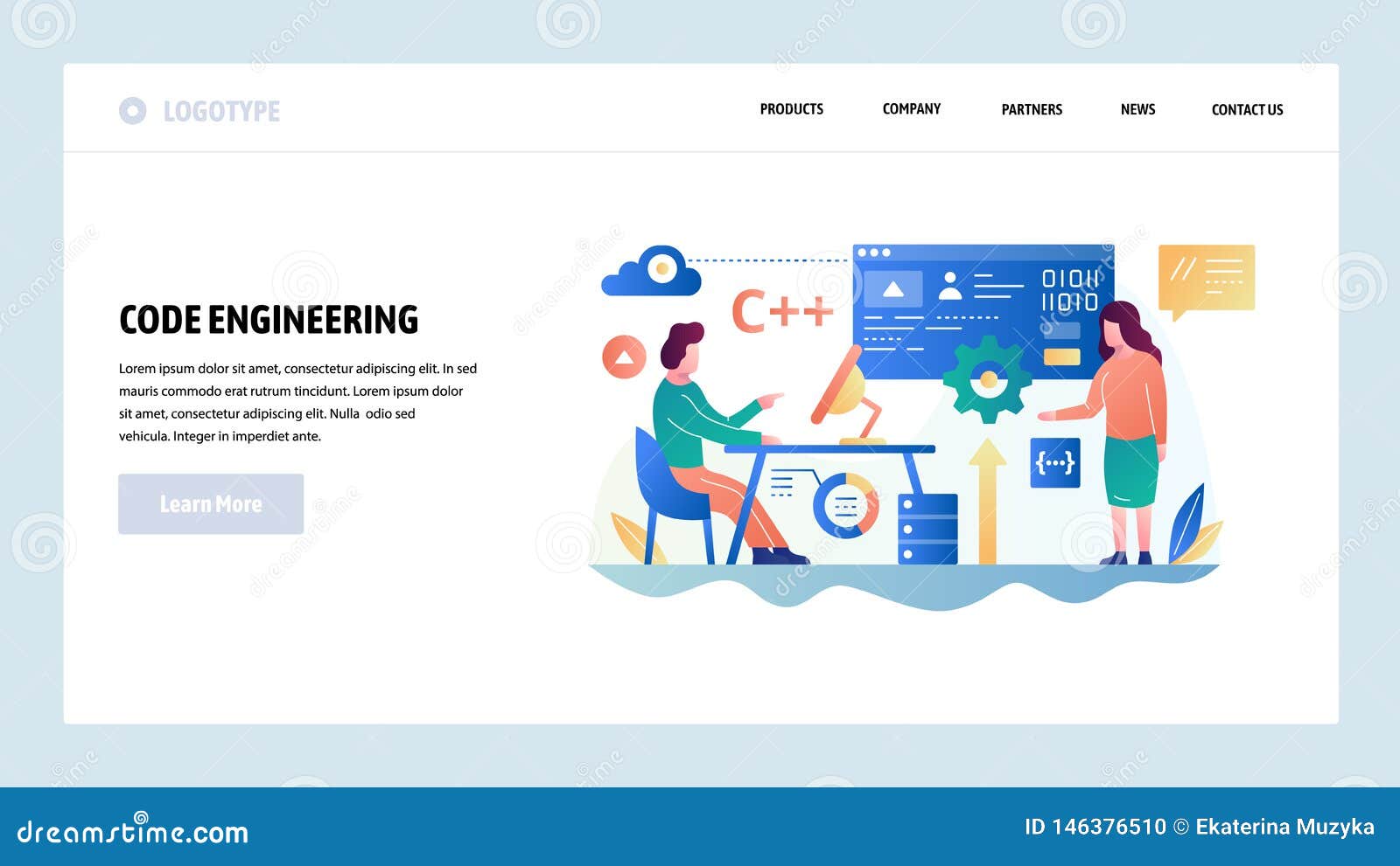 Vector Web Site Design Template. Programmer Write Script in C Computer ...