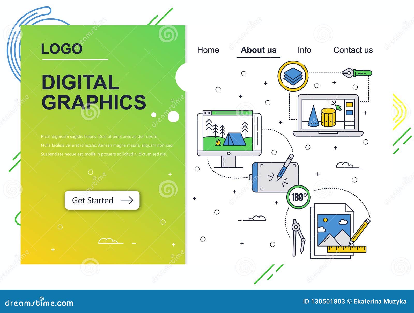 Vector Web Site Linear Art Design Template. Graphic Art, Drawing Tablet ...