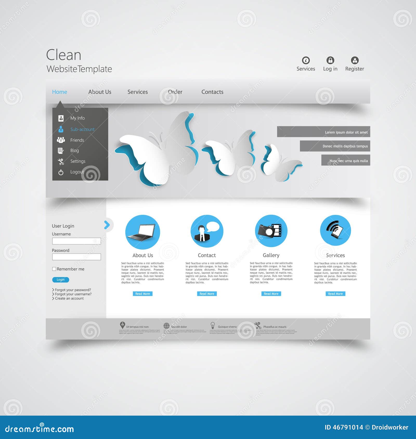 Vector Website Design Template with Butterflies Cut-out Patterns Stock ...
