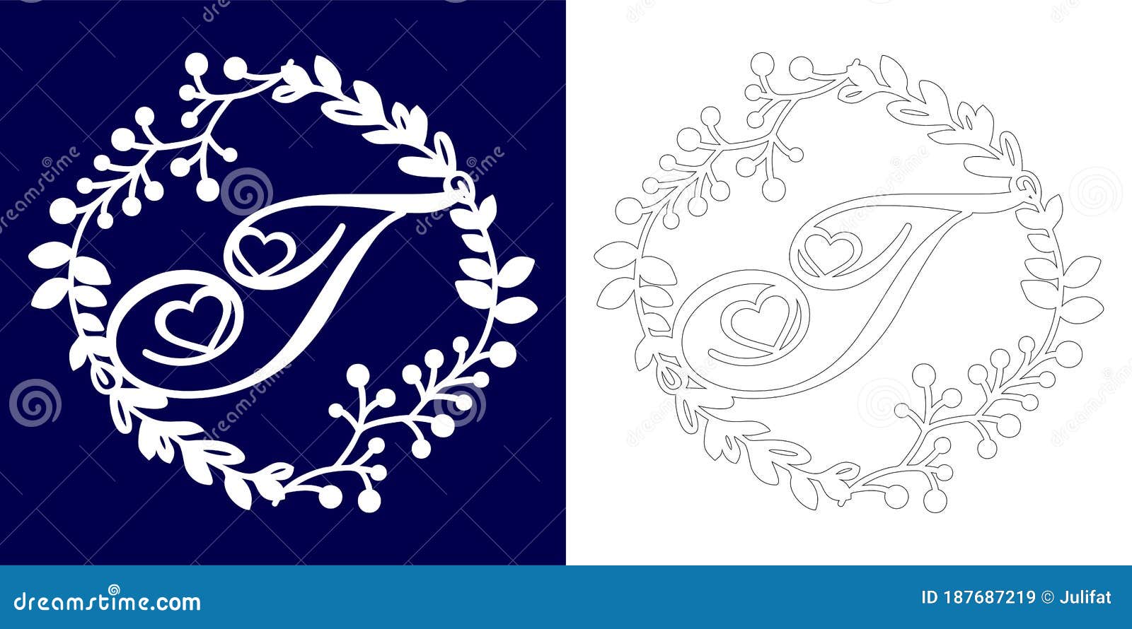 Vector Wedding Initial Monogram for Laser Cutting. Letter T of the ...