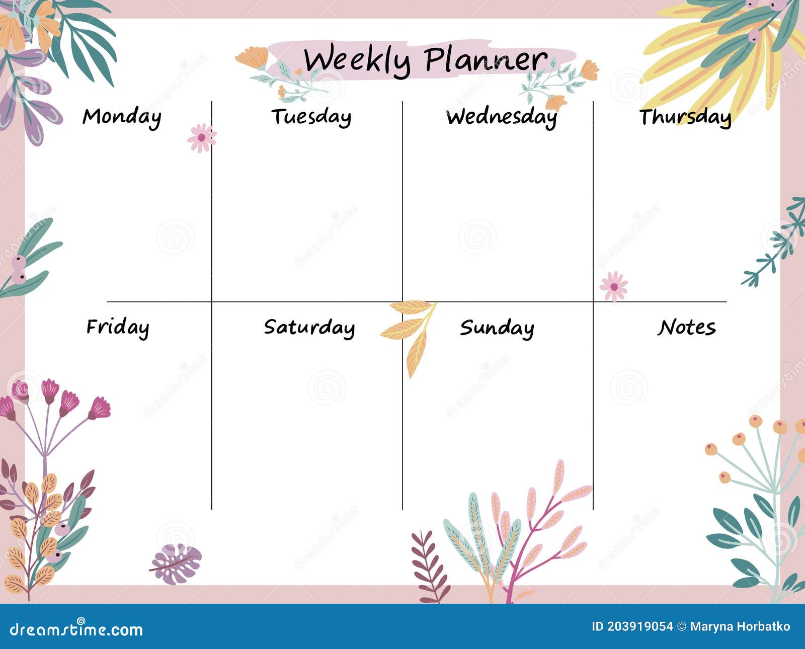 Vector Weekly Planner of Different Plants Isolated on White. Flowers ...