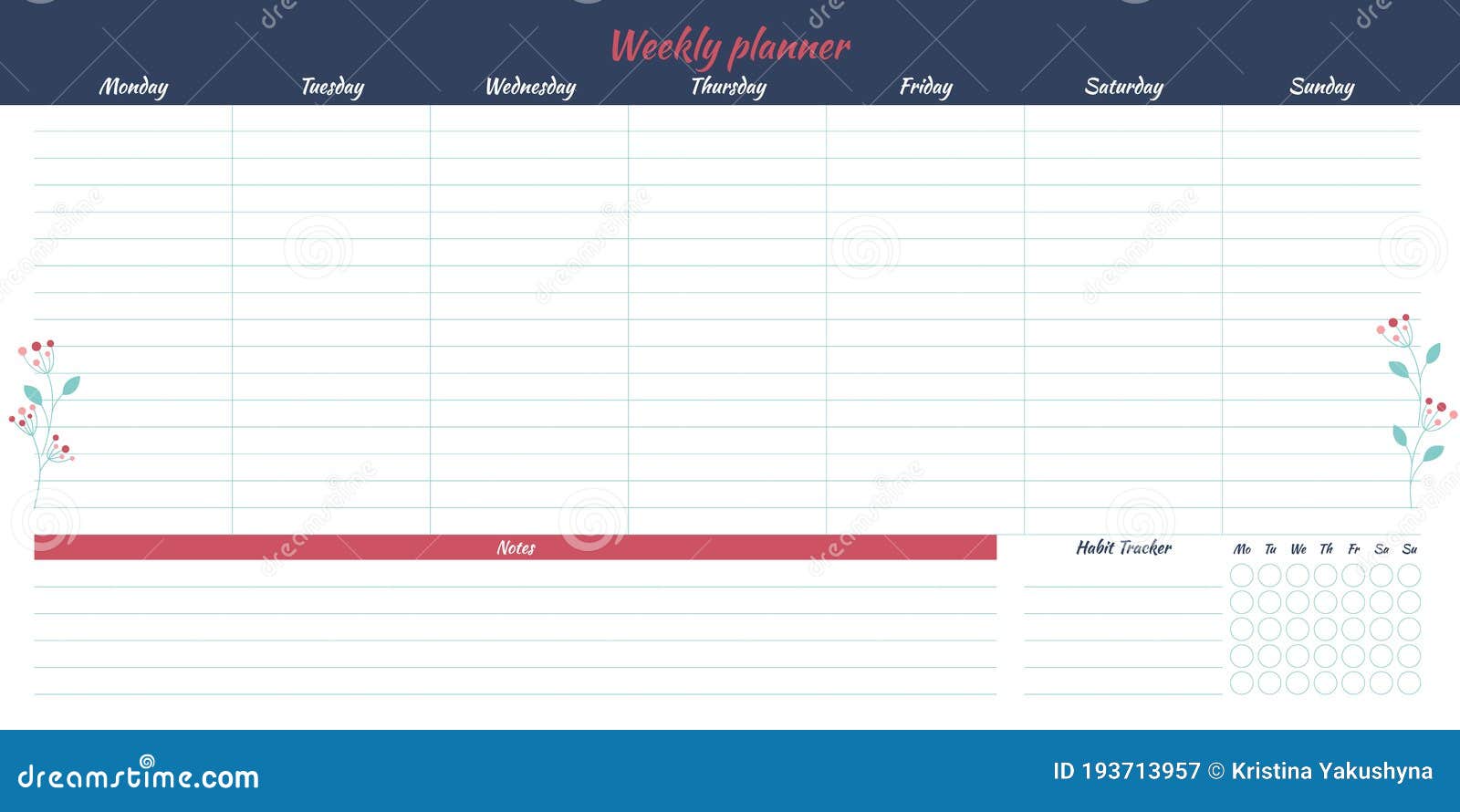 Vector Weekly Planner with Floral Design Stock Vector - Illustration of ...