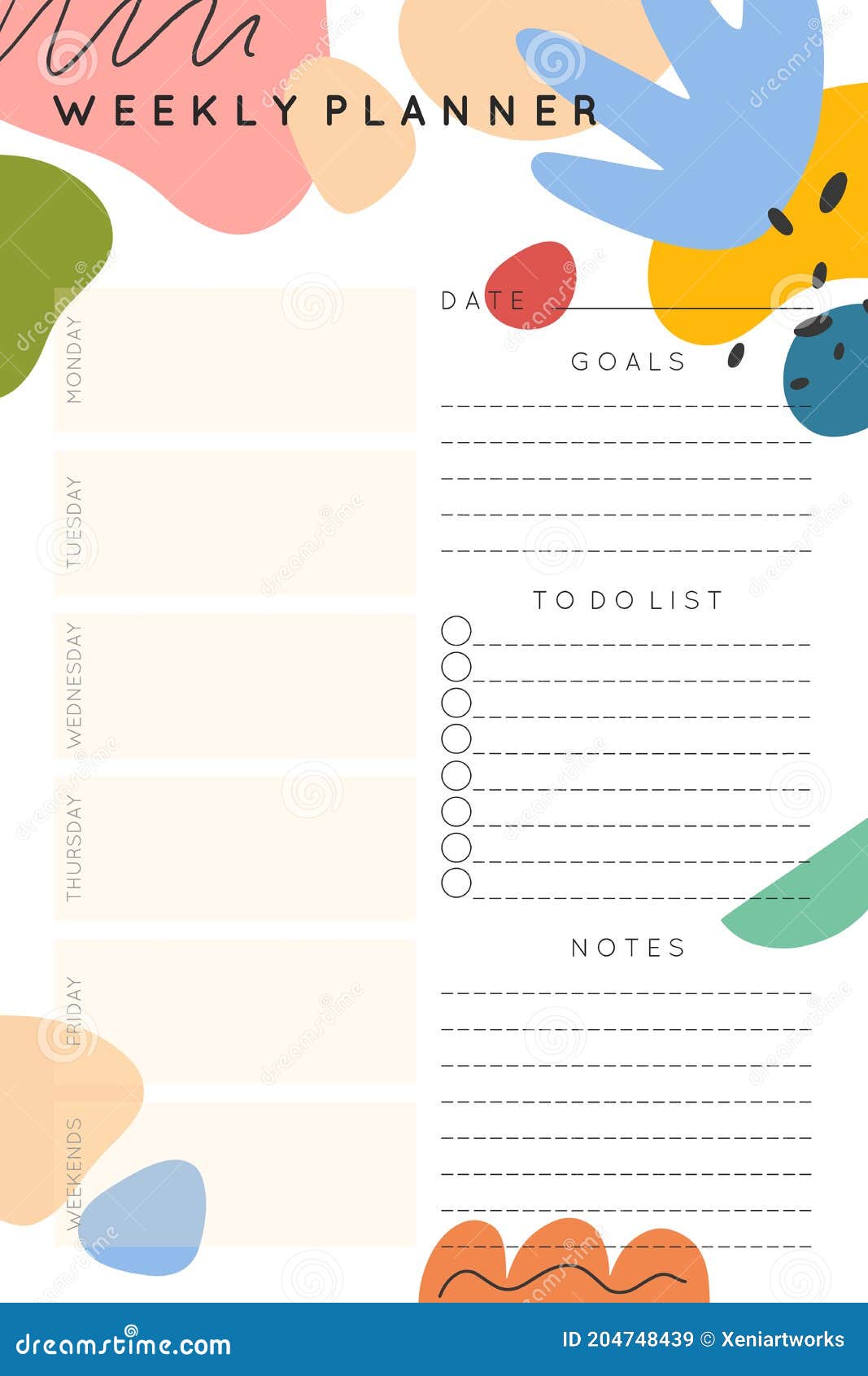 Vector Weekly Planner Template with Abstract Hand Drawn Organic Shapes ...