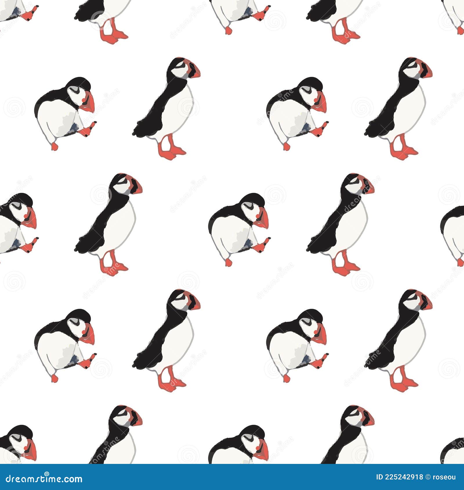 Vector White Background Ocean Seabird, Arctic Birds, Puffins. Seamless ...