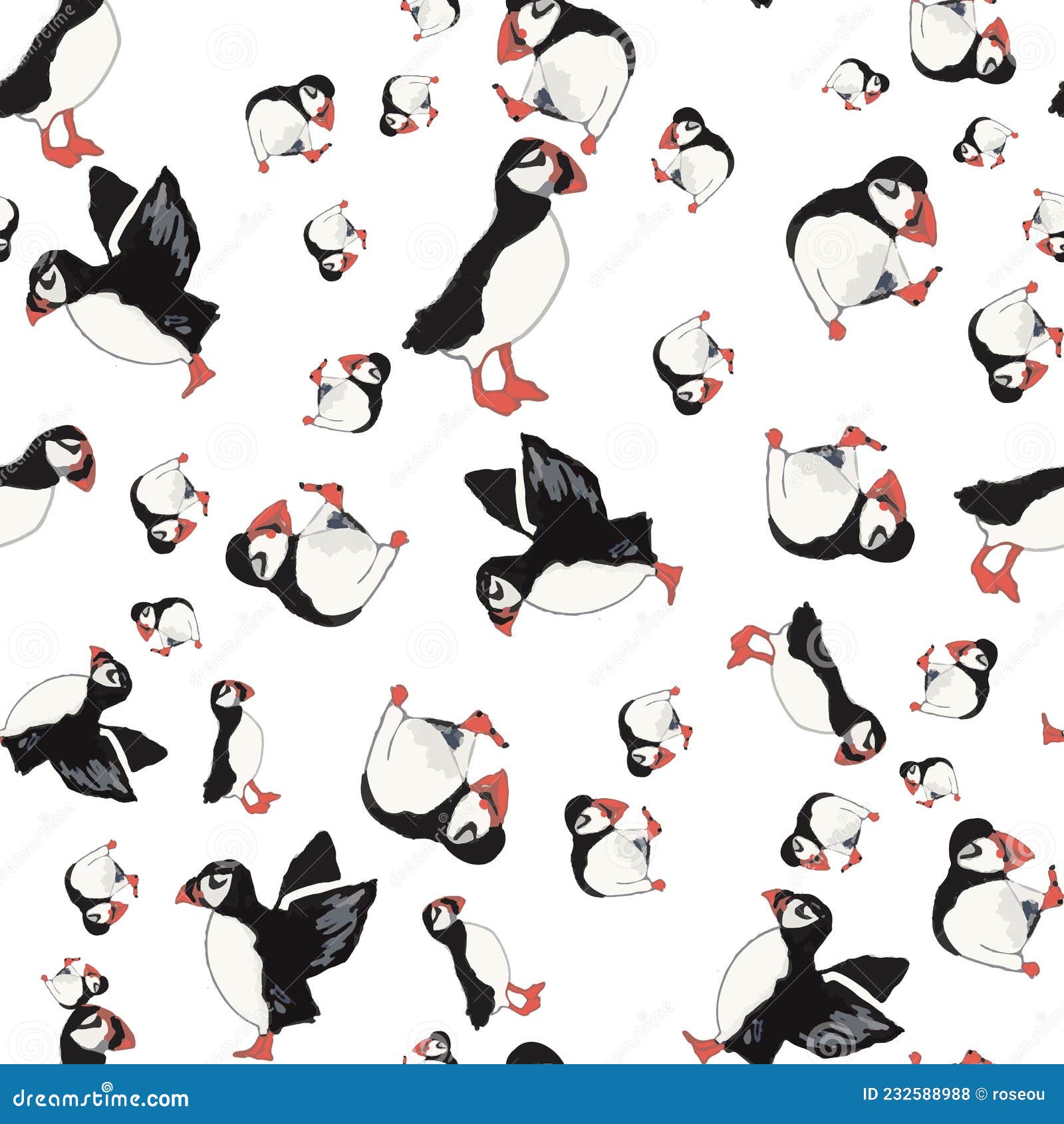 Vector White Background Ocean Seabird, Arctic Birds, Puffins. Seamless ...