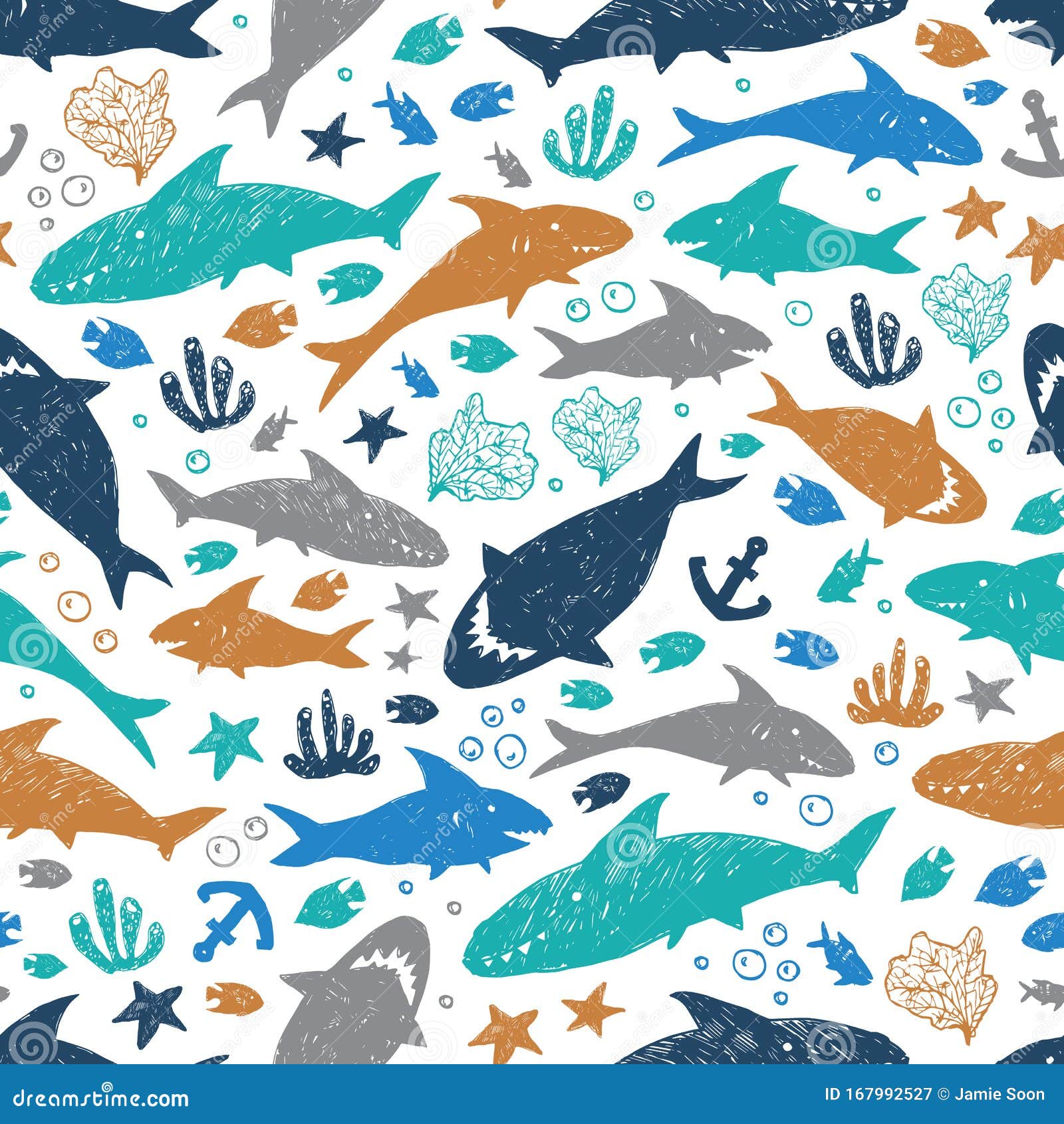 Vector White Colourful Cute Shark Pen Sketch Repeat Pattern. Perfect ...