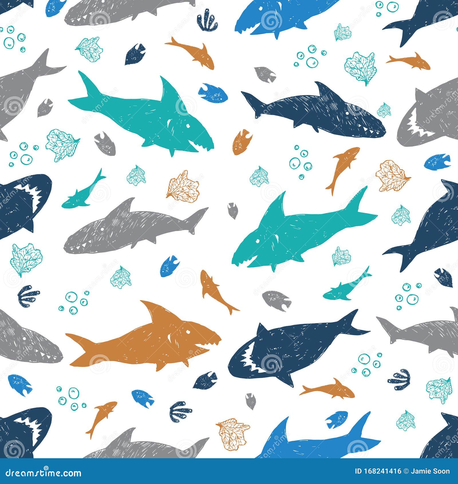 Vector White Colourful Cute Shark Pen Sketch Rows 01 Repeat Pattern ...
