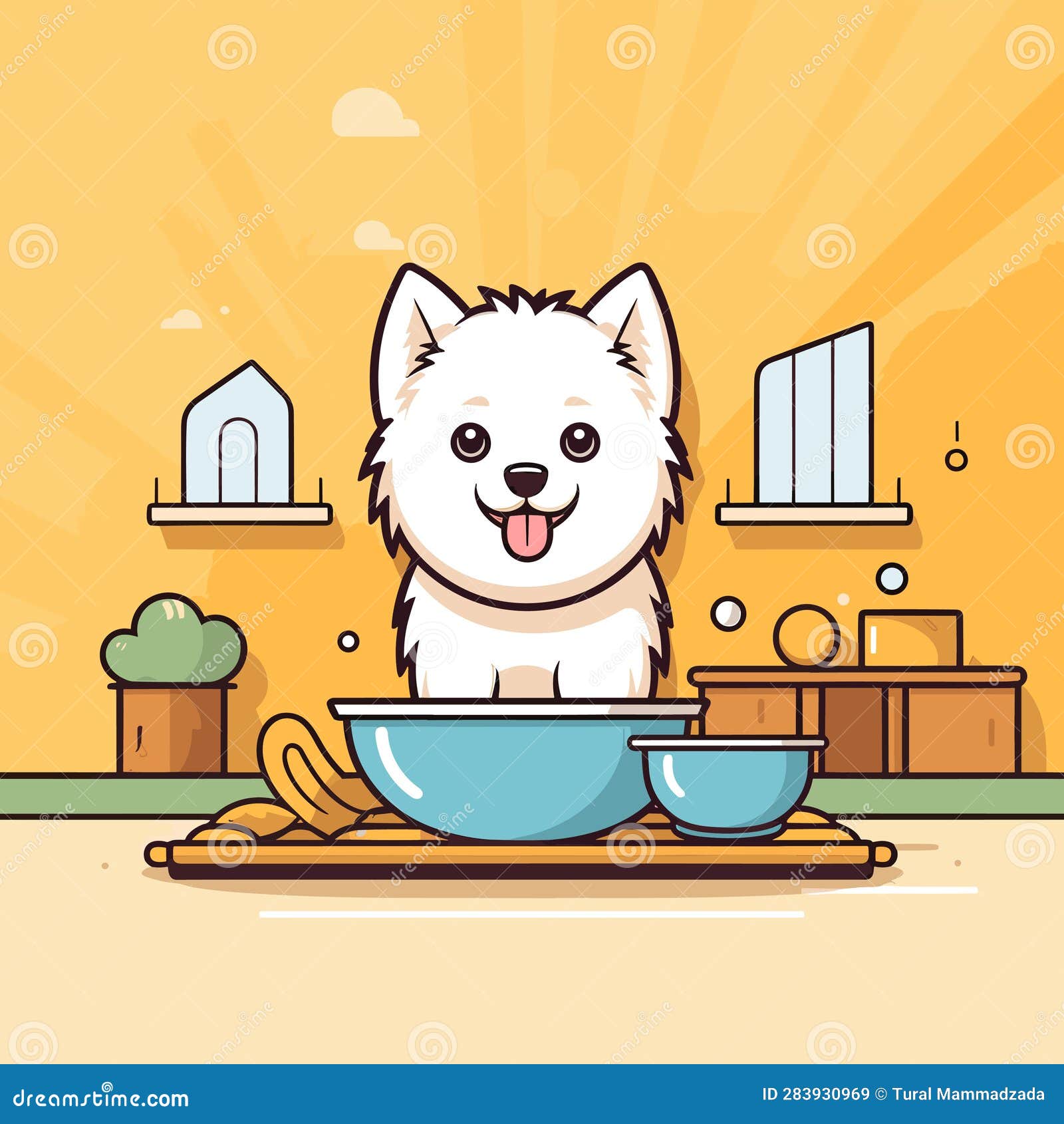 Vector of a White Dog Sitting in Front of a Bowl of Food Stock Vector ...