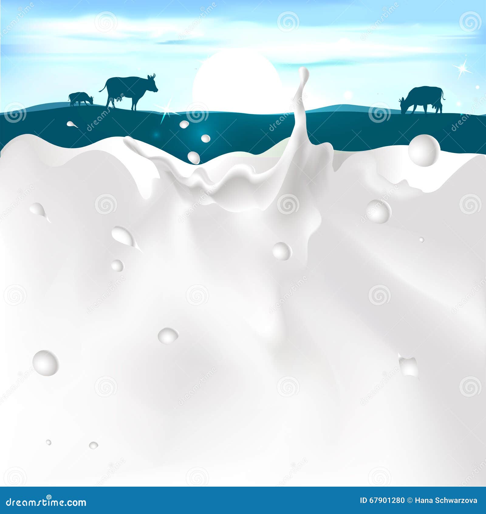 Vector White Splash Milk Illustration on Blue Background with Cow and ...