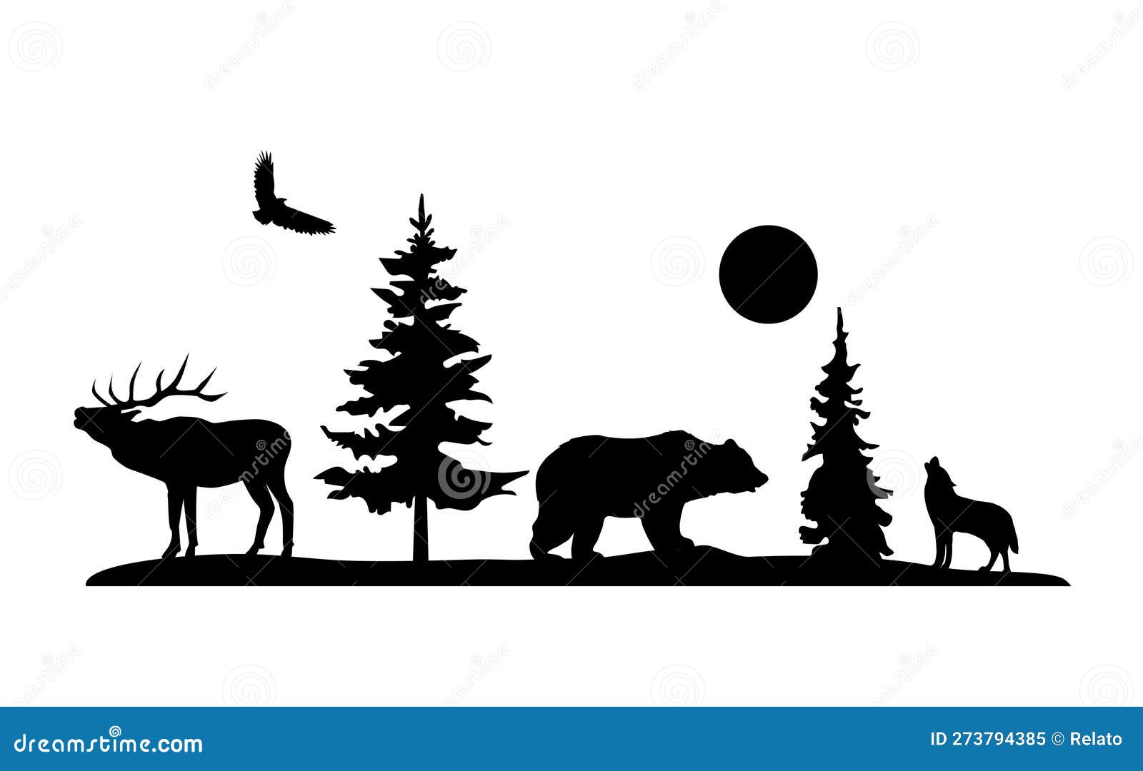 Vector Wilderness Landscape With Deer Stag, Pine Tree And Full Moon ...