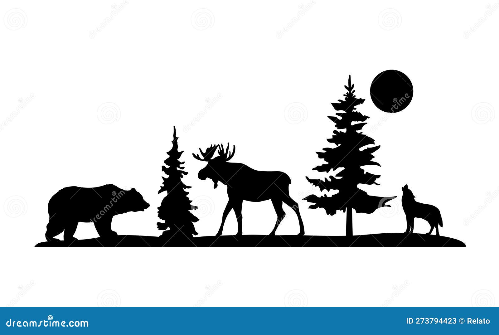 Vector Wilderness Landscape With Deer Stag, Pine Tree And Full Moon ...