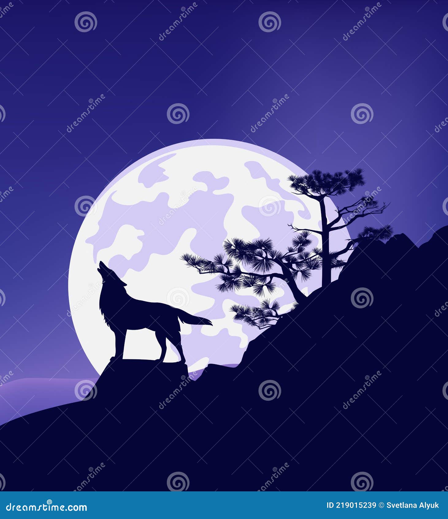 Vector Wilderness Landscape with Howling Wolf, Pine Tree and Full Moon ...