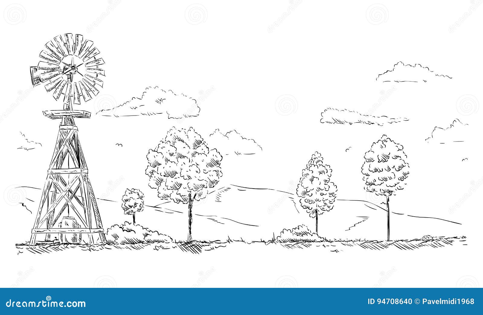 Windmill Landscape In Vintage, Retro Hand Drawn Or Engraved Style, Can ...