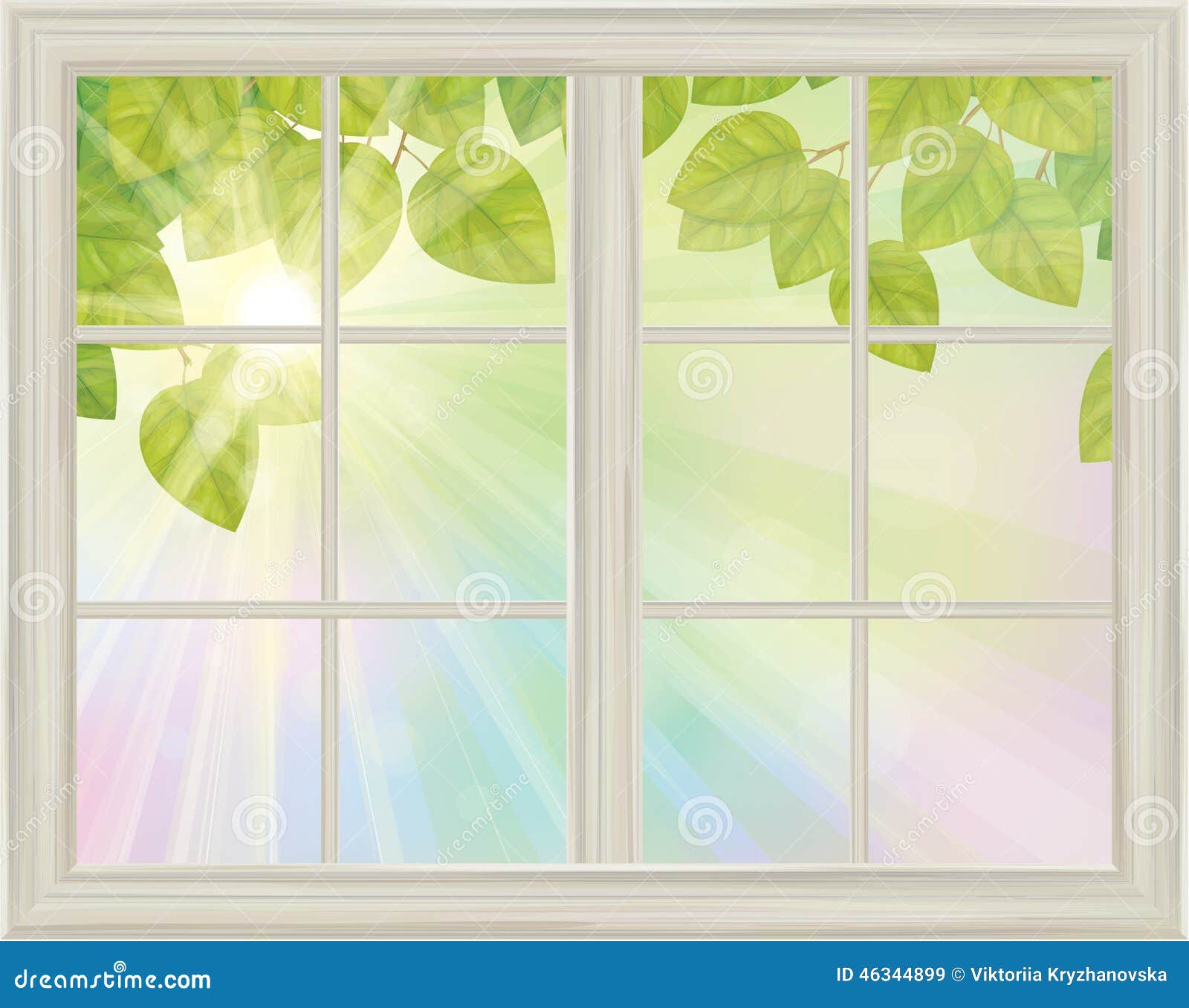Vector Window with Spring View Green Leaves on Sunny Background. Stock ...
