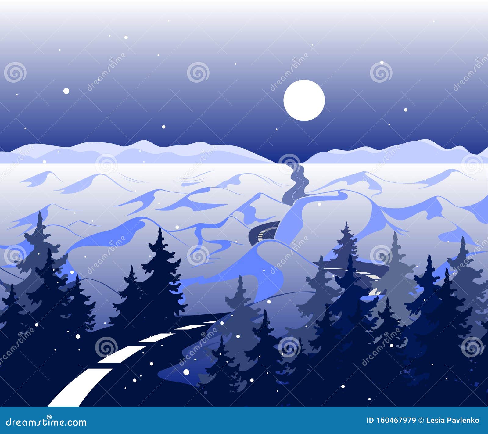 Vector Winter Background with Road and Snowy Valley with Trees. the ...
