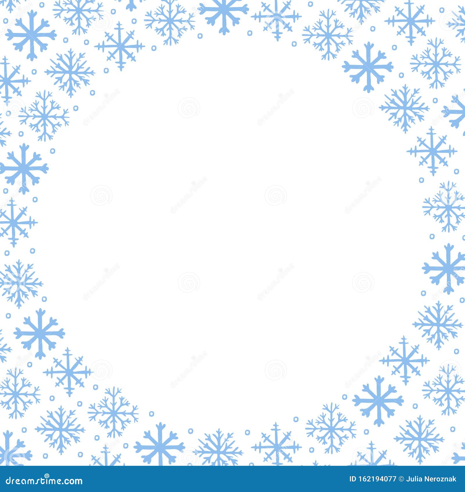 Vector Winter Frame Background with Blue Hand Drawn Snowflakes on White ...