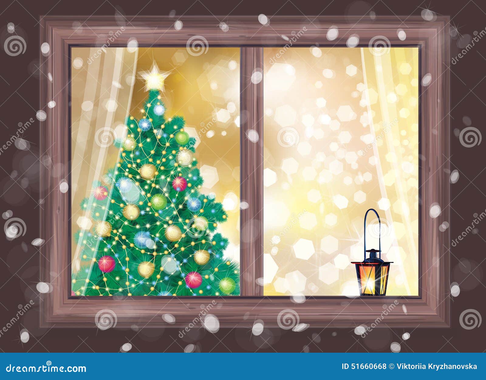 Vector Winter Night Scene of Window with Christmas Tree and Lantern ... Vector Winter Night Scene of Window with Christmas Tree and Lantern ...