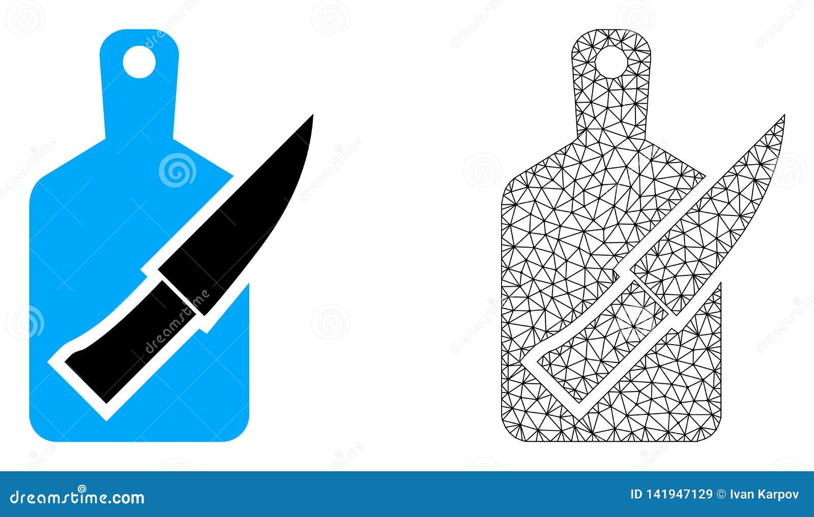 Vector Wire Frame Mesh Cutting Board and Knife and Flat Icon Stock ...