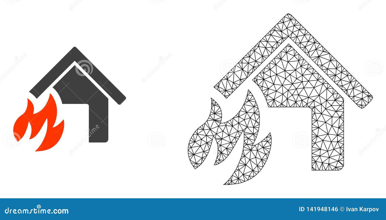 Vector Wire Frame Mesh House Fire Disaster and Flat Icon Stock Vector ...