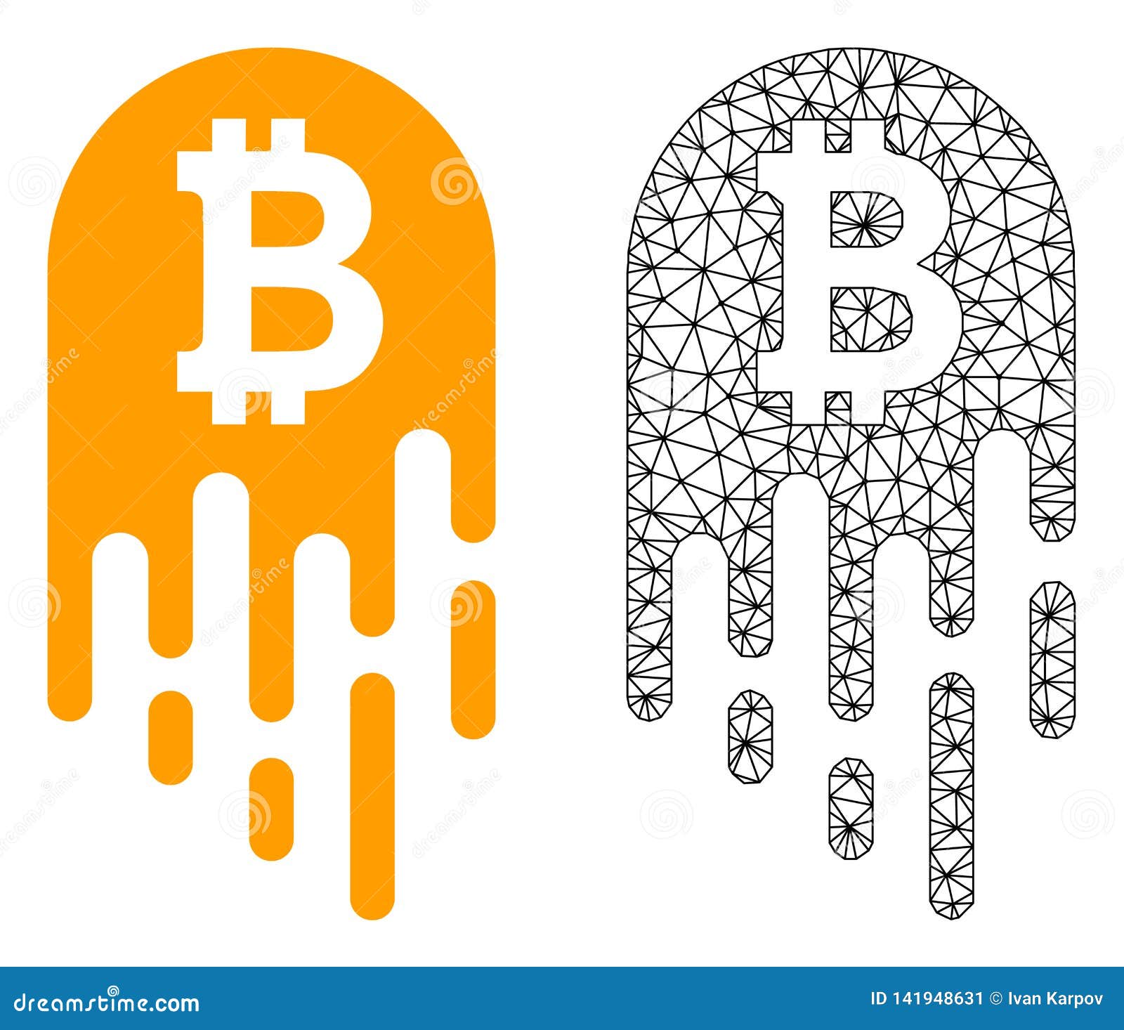 Vector Wire Frame Mesh Melting Bitcoin and Flat Icon Stock Vector ...