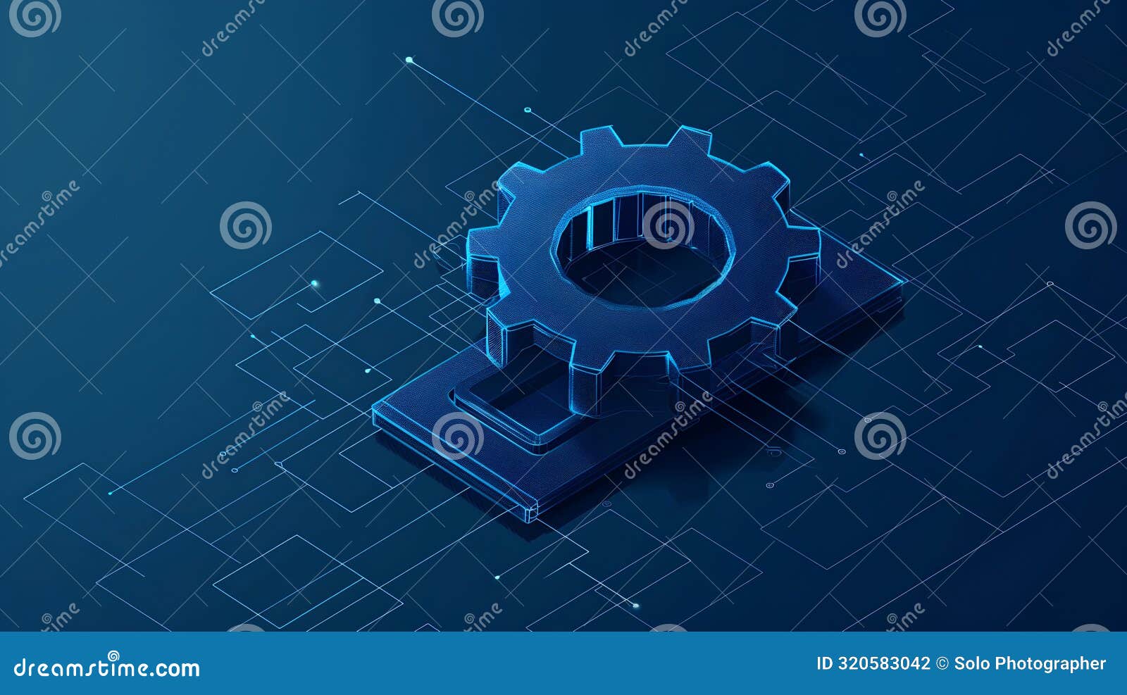 A Vector Wireframe Illustration of a Gear on a Dark Blue Background ...