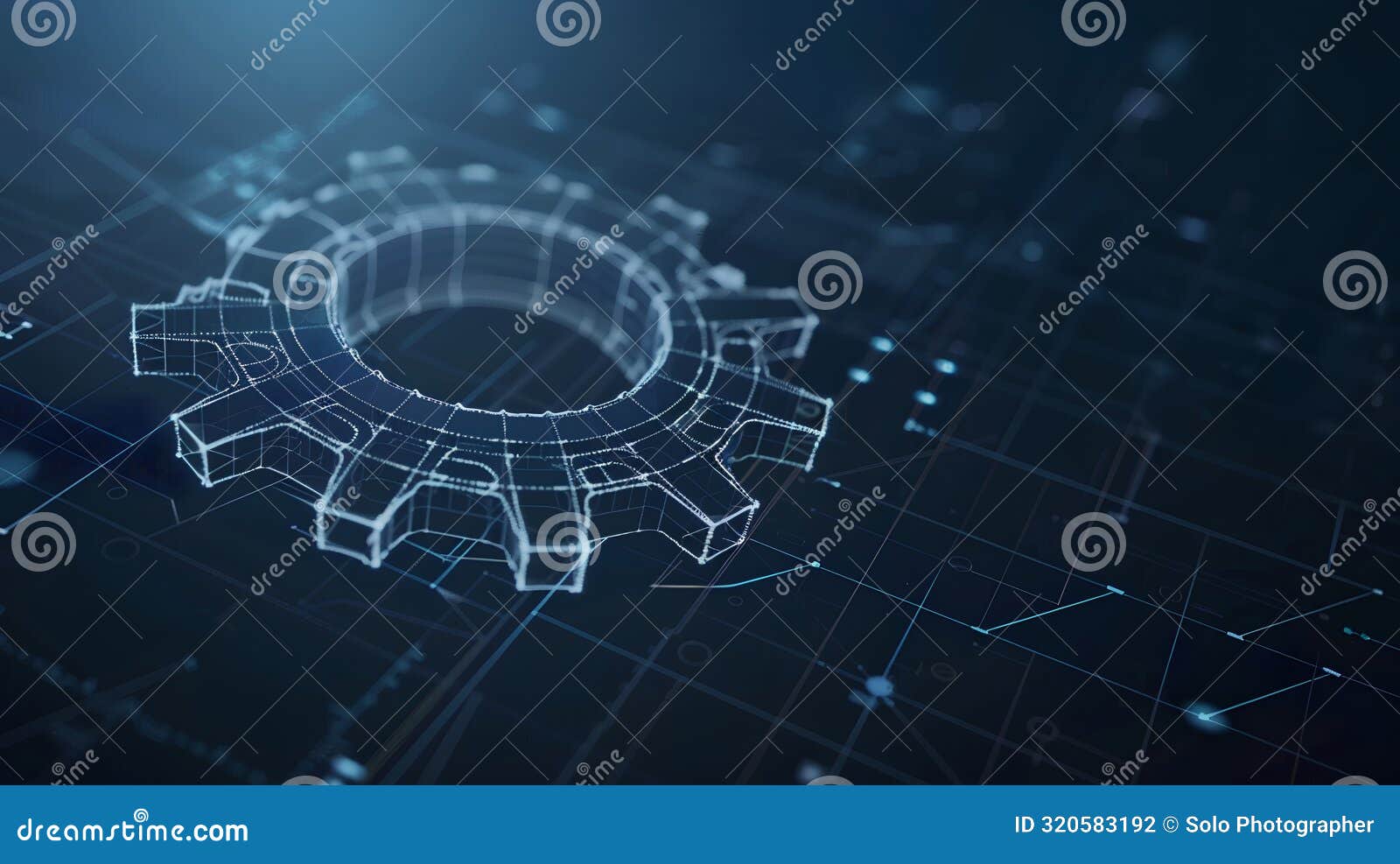 A Vector Wireframe Illustration of a Gear on a Dark Blue Background ...