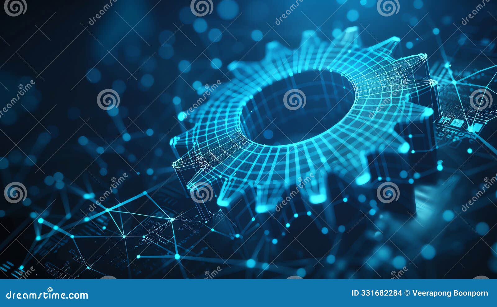 Vector Wireframe Illustration of a Gear on a Dark Blue Background ...