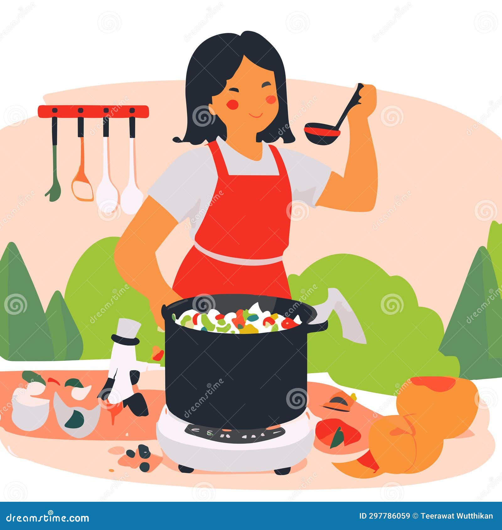 Vector Woman Cooking Soup Icon Isolated on White, on Kitchen Table Set ...