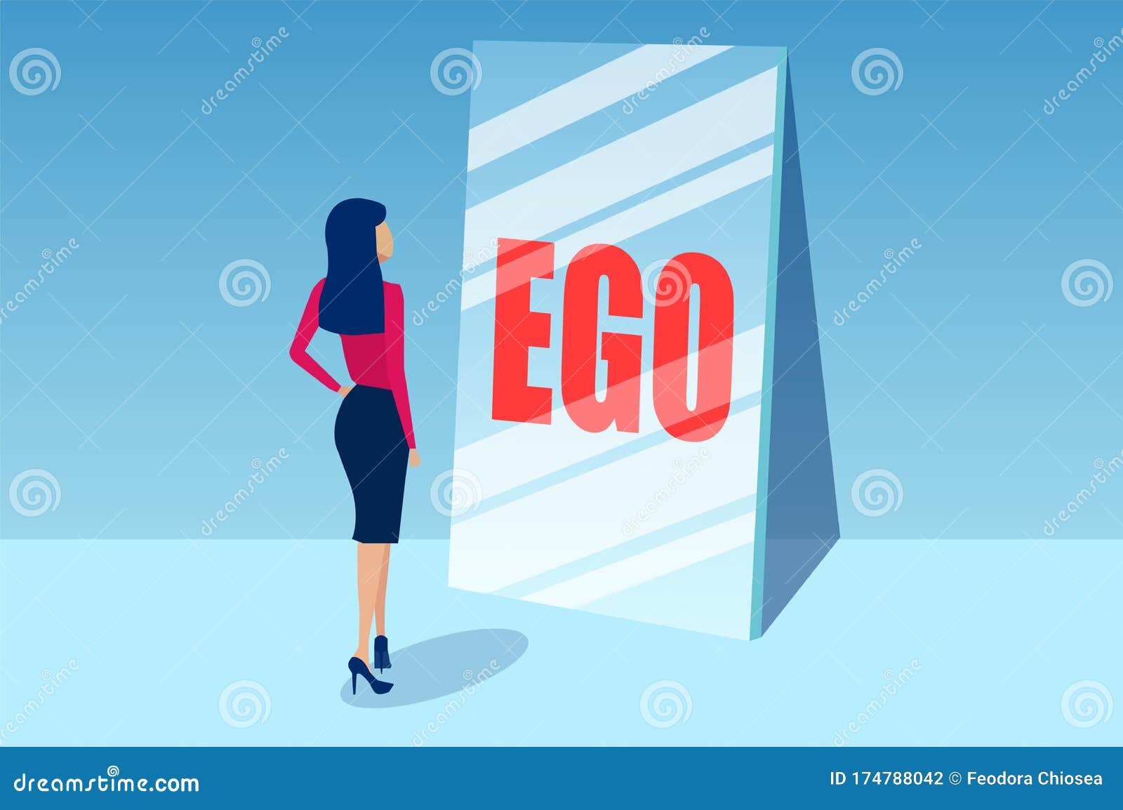 Vector of a Woman Looking in a Mirror with Word Ego As a Reflection ...