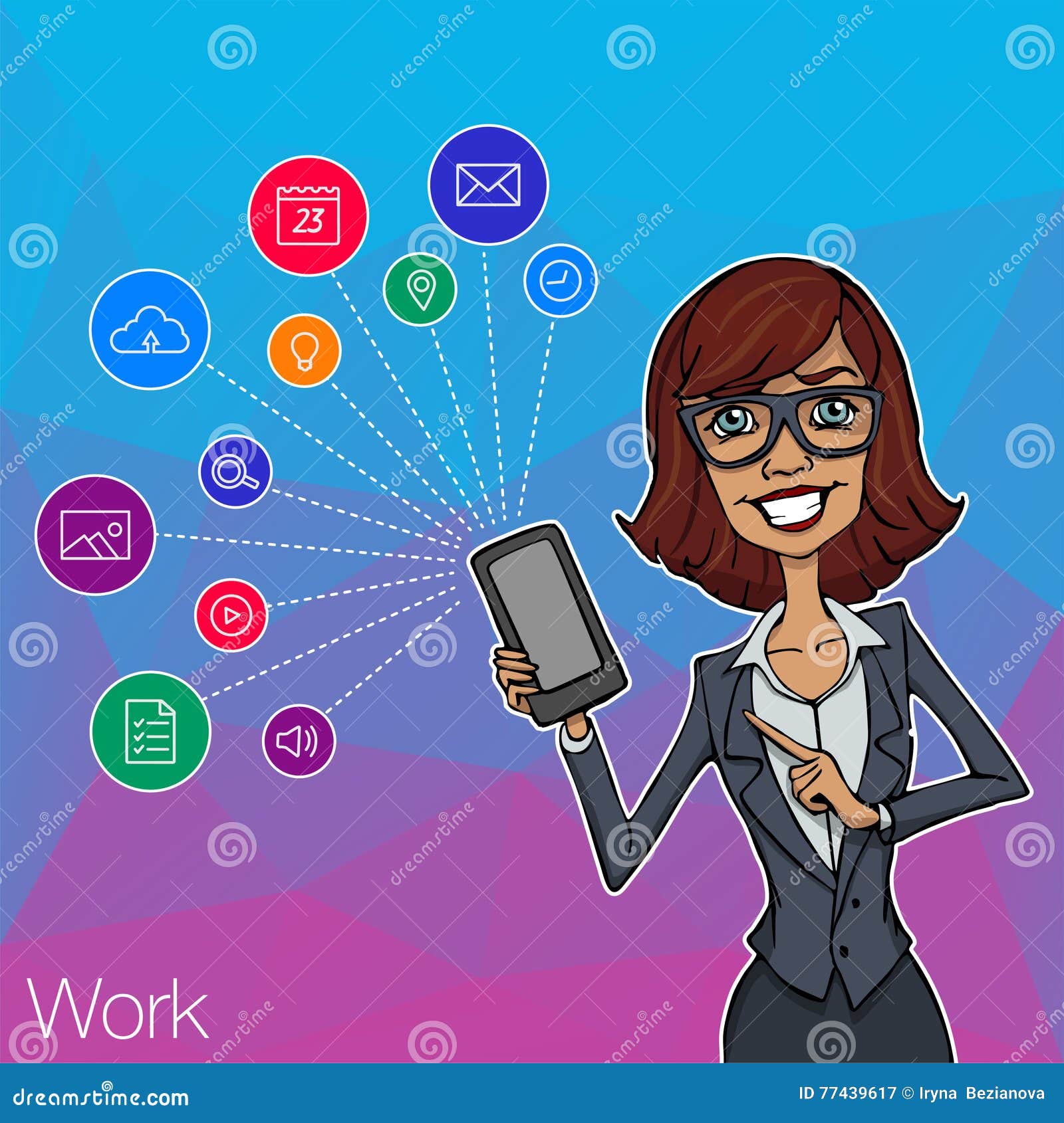 Vector Woman with Mobile Smartphone App on White Background. Stock ...