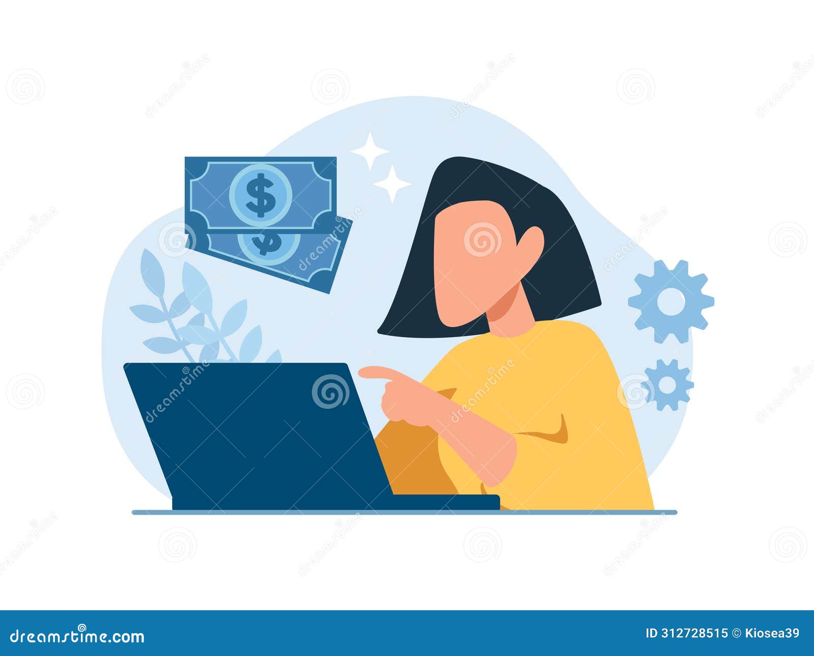 Vector of a Woman Working on Computer Earning Money Online Stock ...