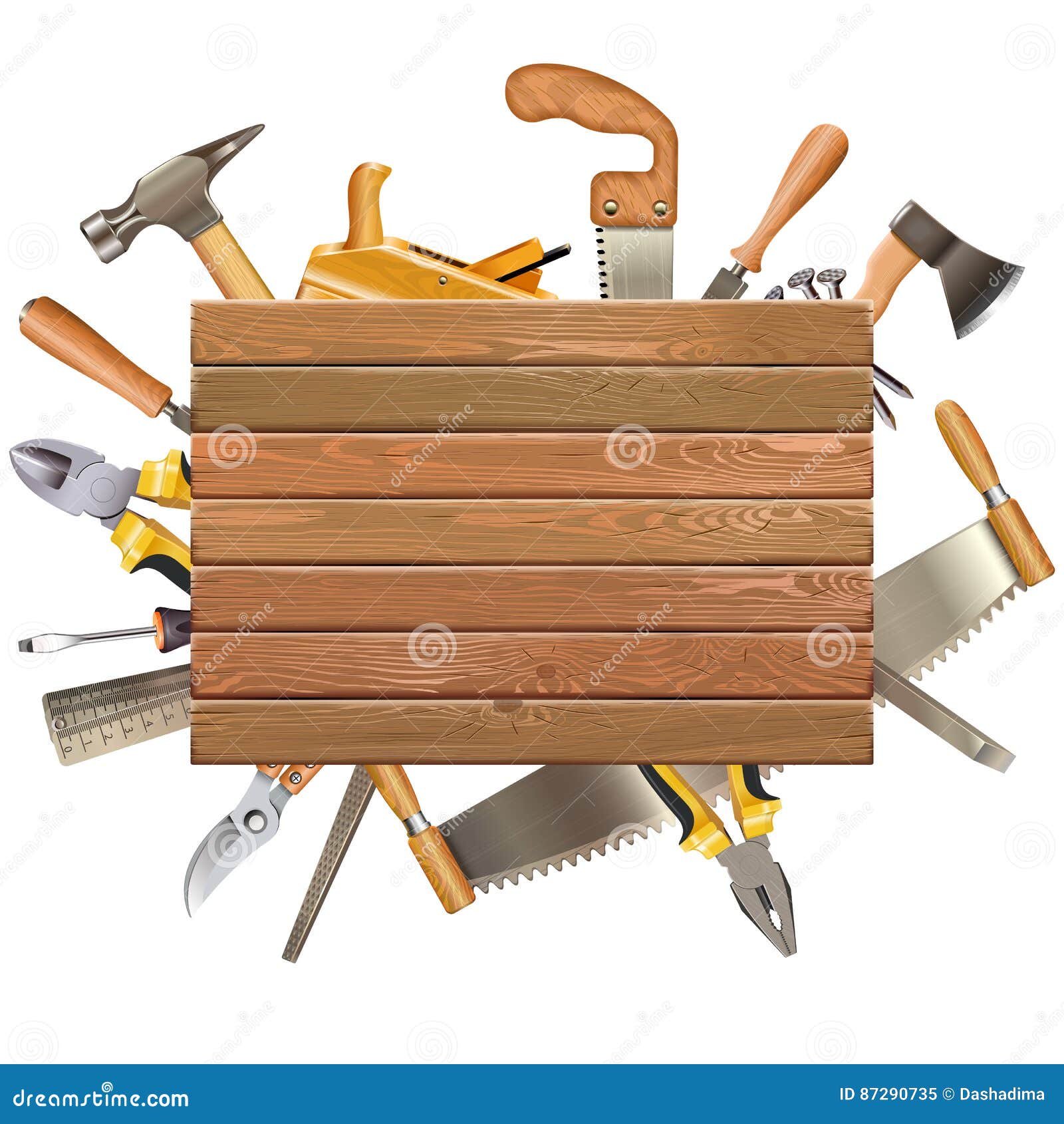 Vector Wooden Board with Hand Tools Stock Vector - Illustration of ...