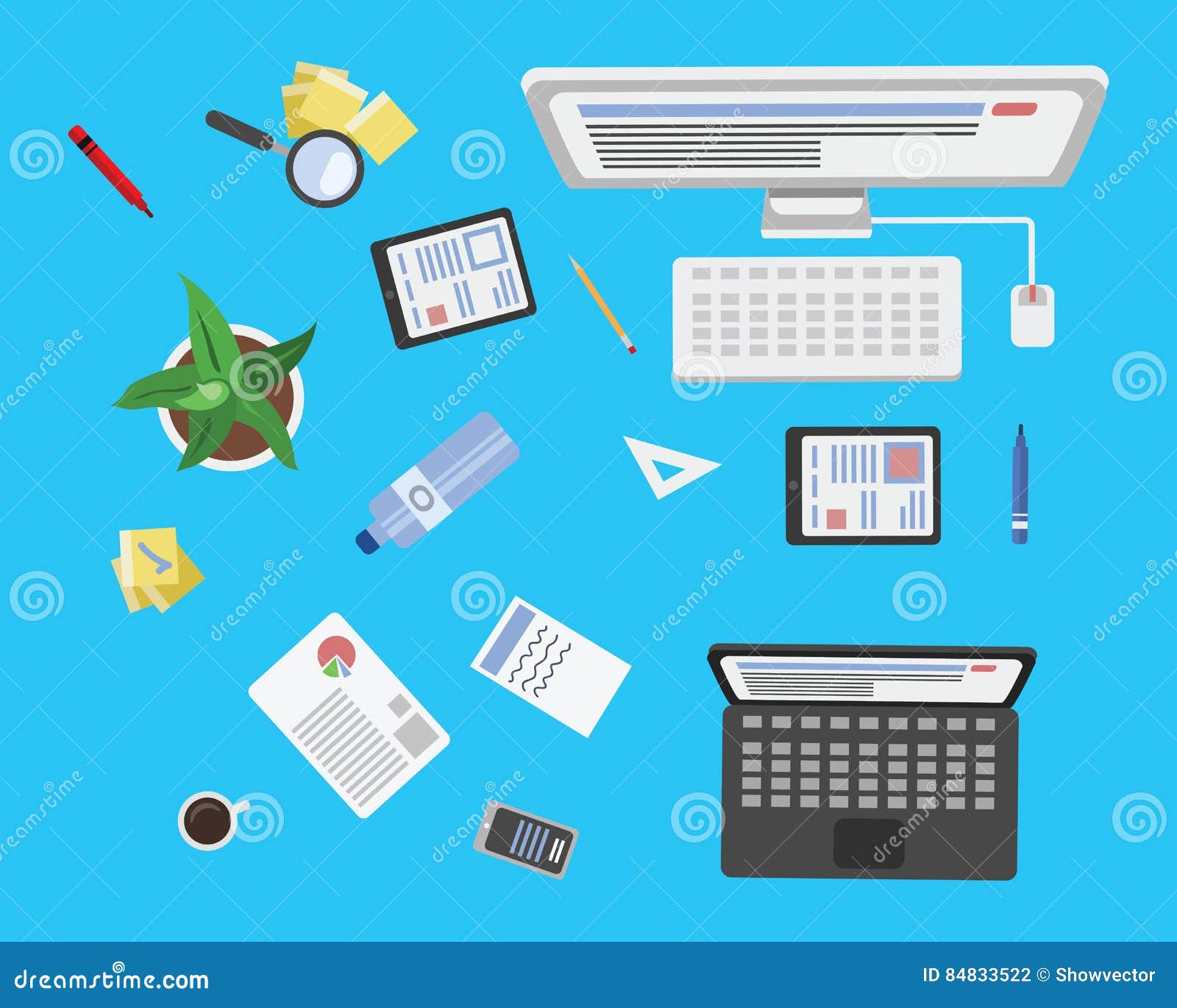 Vector Work Place Top View. Stock Vector - Illustration of mobile ...