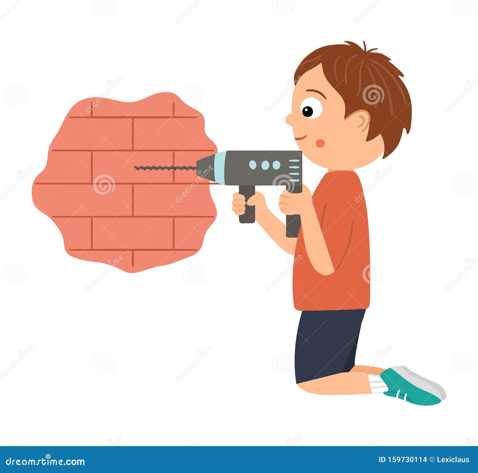 Vector Working Boy. Flat Funny Kid Character Screwing A Screw In A Wood ...