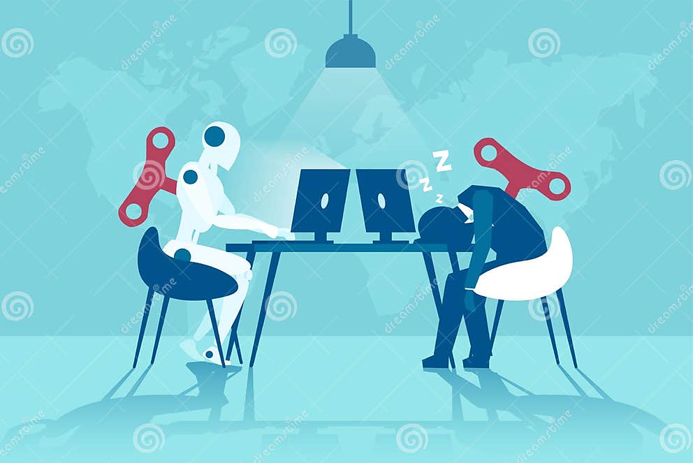 Vector of a Working Robot Vs Sleepy Businessman Working on Computer ...