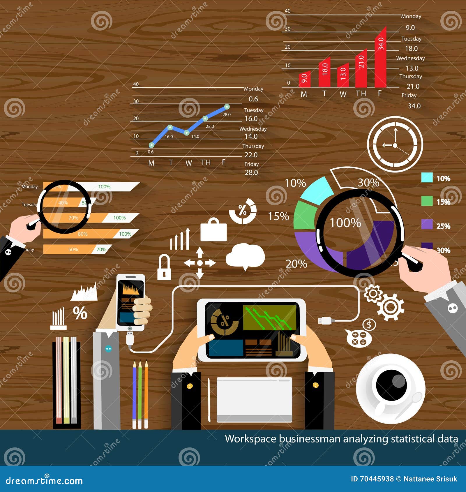 Vector Works Places Businessman Analyzing Statistical Data Flat Design