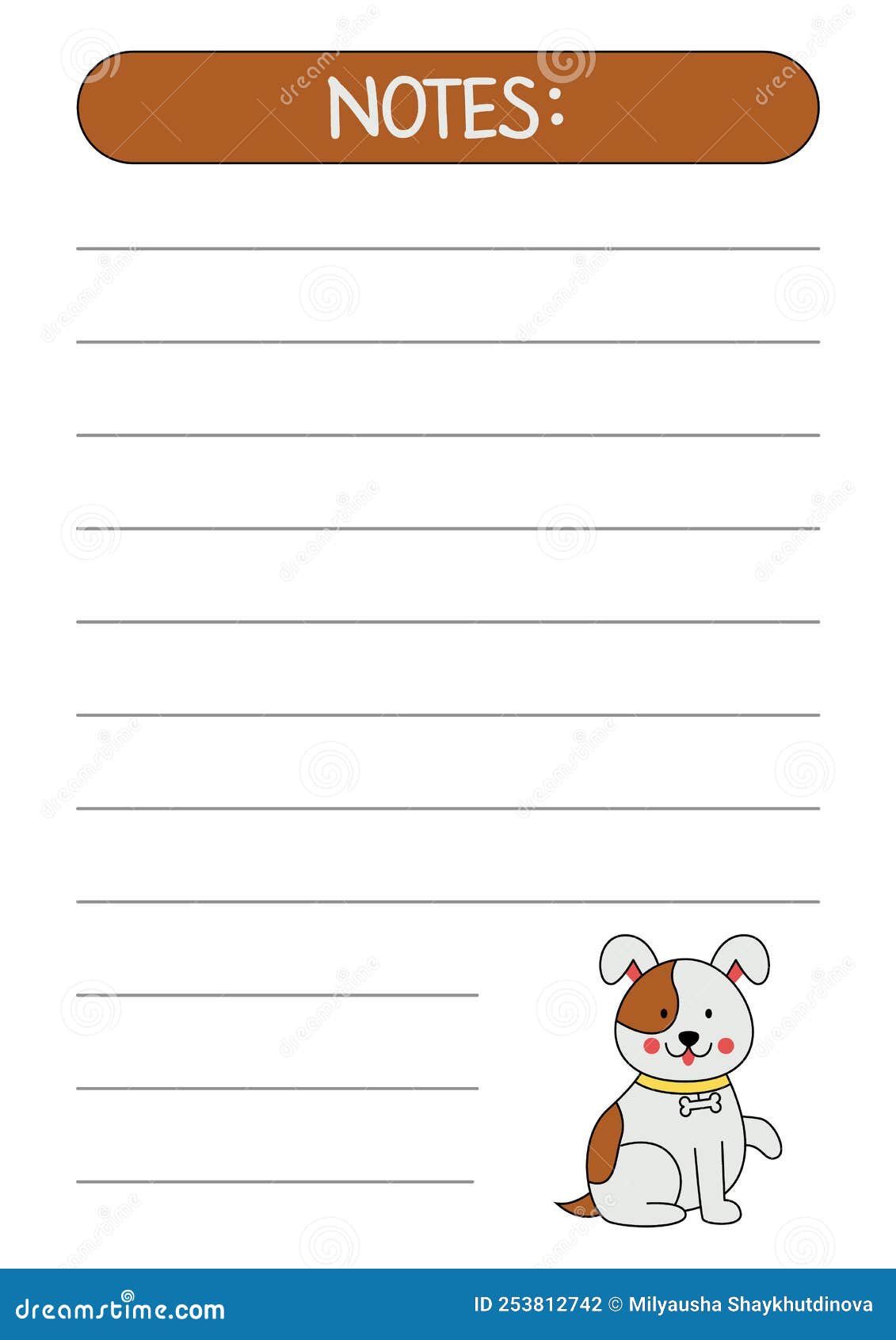 Vector Worksheet with Notes with Cute Brown Dog. Stock Vector ...
