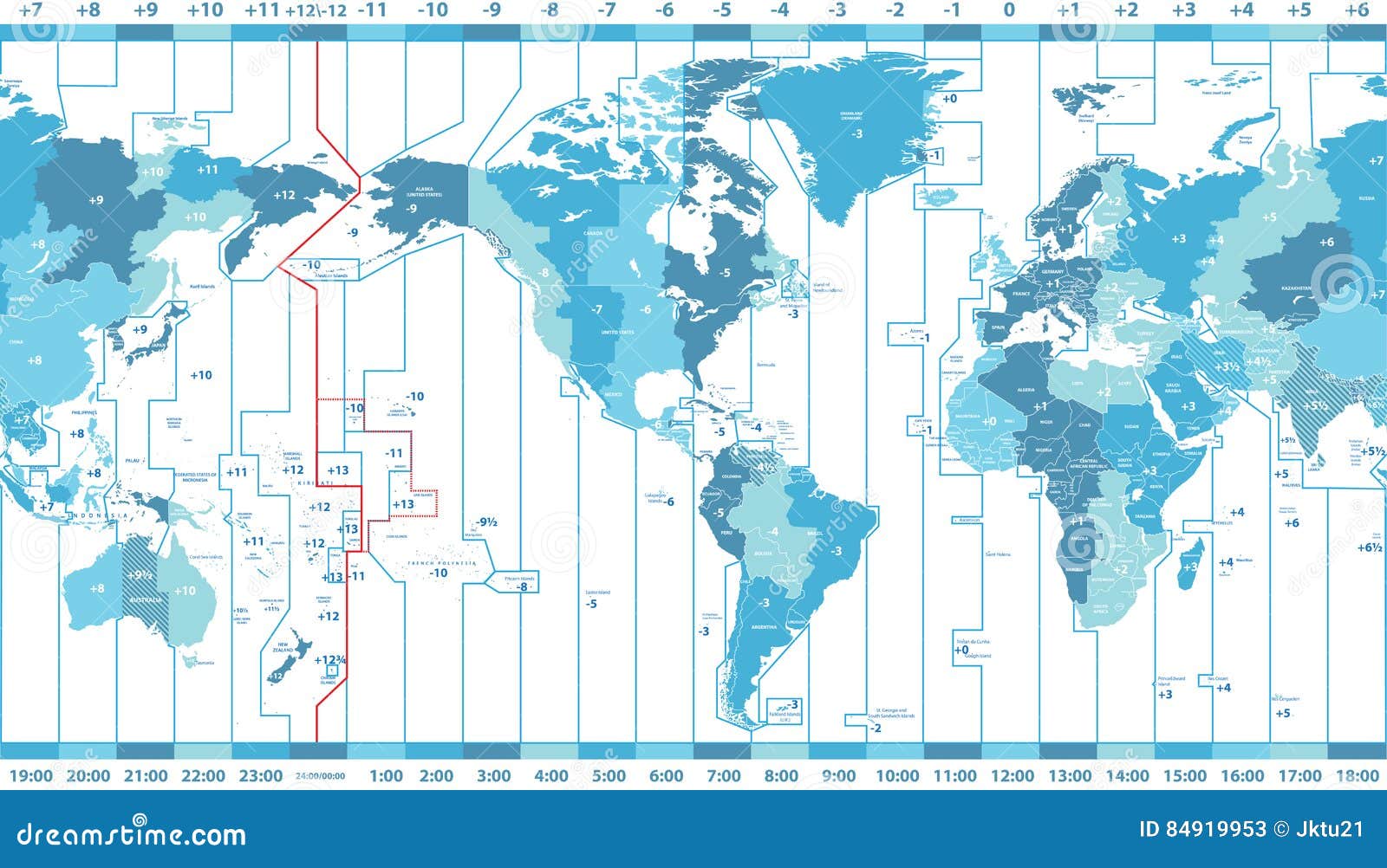 Vector World Map of Local Time Zones Centered by America Stock Vector ...