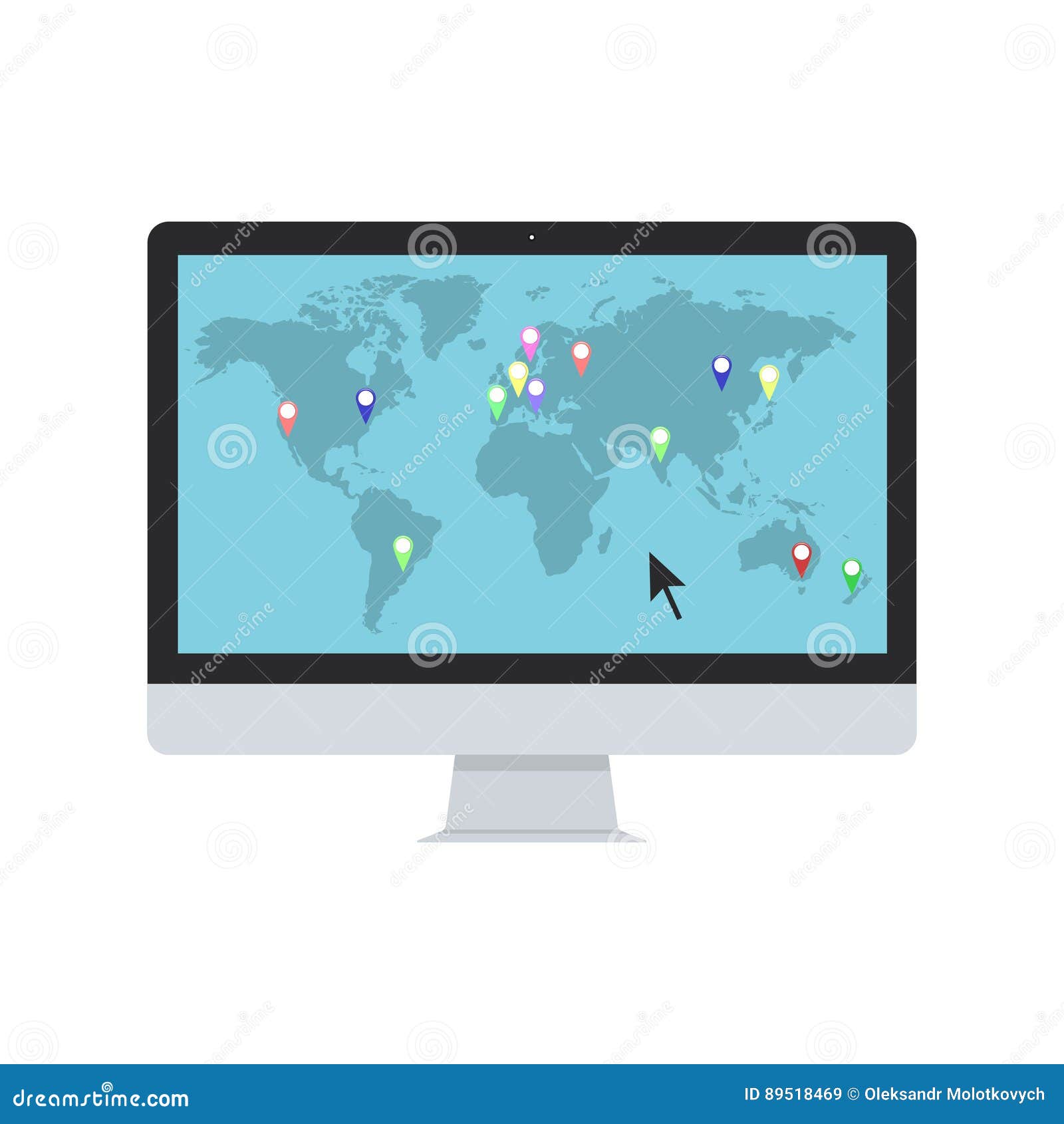 Vector World Map with Map Pointers on the PC Monitor. Stock Vector ...