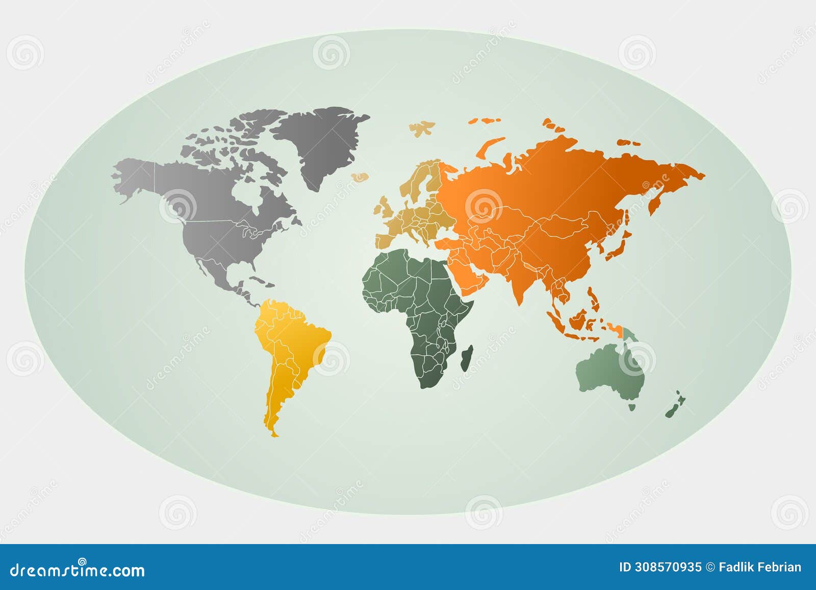 Vector World Map in Oval Shape. Green and Orange Colors Stock Vector ...