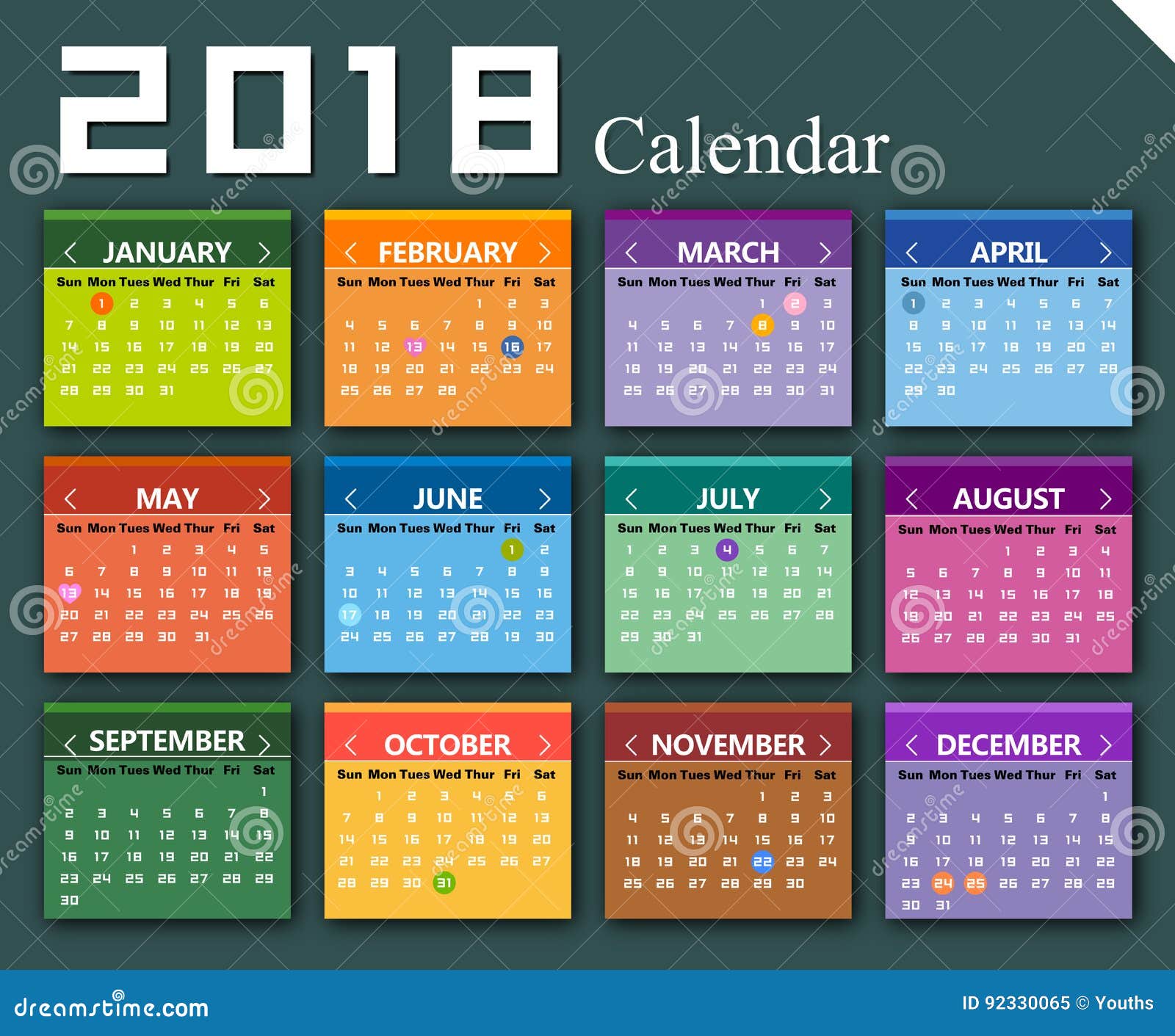 Vector Year of 2018 Calendar Stock Vector - Illustration of festival ...